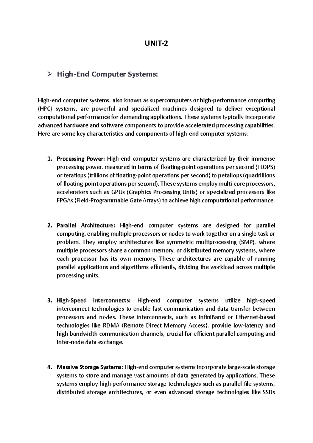 UNIT-2 - HPC - UNIT- 2 High-End Computer Systems: High-end computer systems, also known as - Studocu