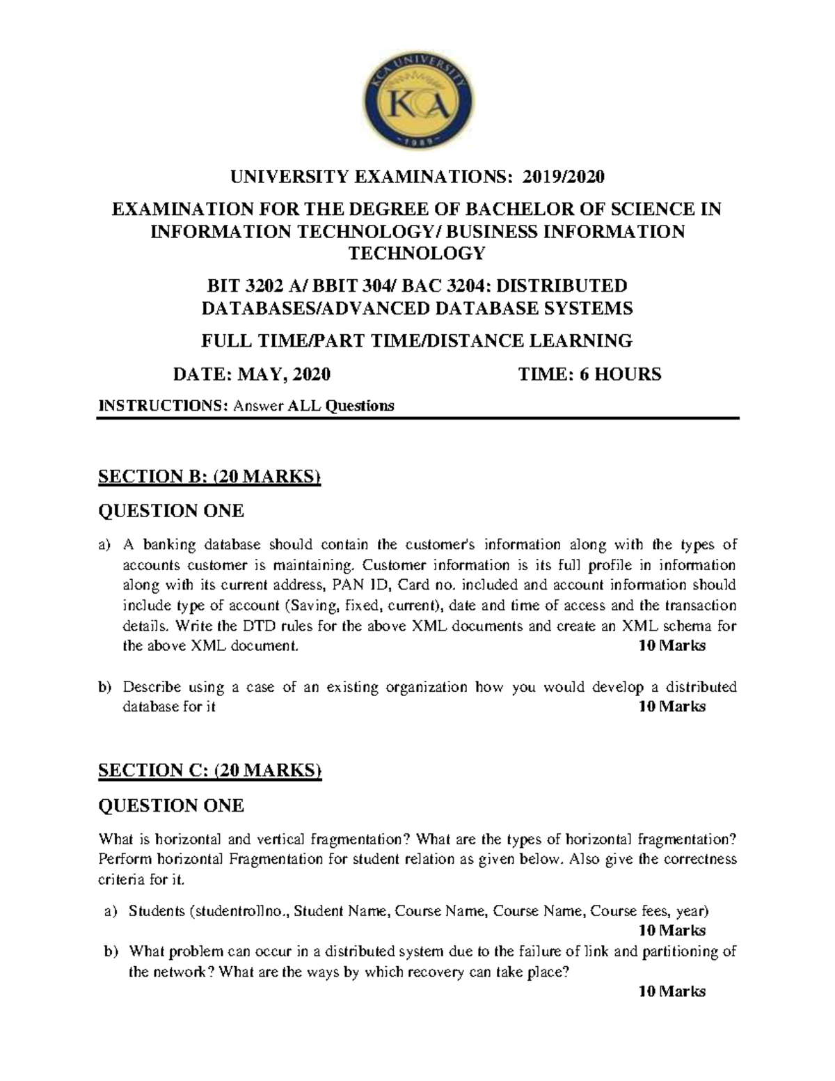 Bit 3202 a bbit 304 bac 3204 - distributed databases advanced database systems - UNIVERSITY ...