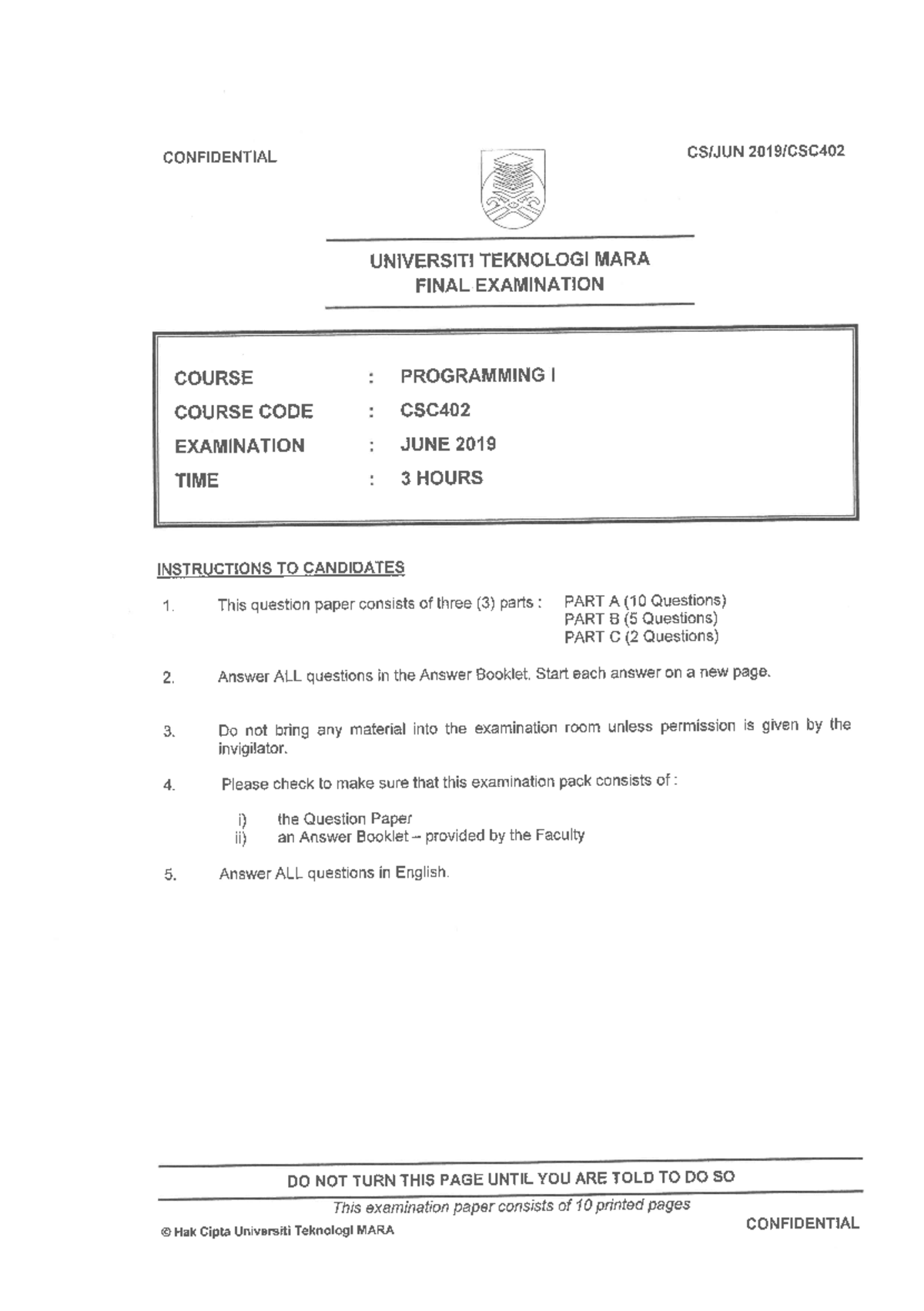 2019 Session 2 - Degree CSC402 - CONFIDENTIAL UNIVERSITI TEKNOLOGI MARA ...