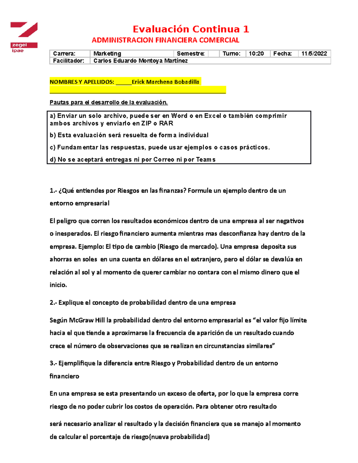 Evaluaciïn Continua 1 - Administraci¢n Financiera Comercial - Evaluación Continua 1 ...