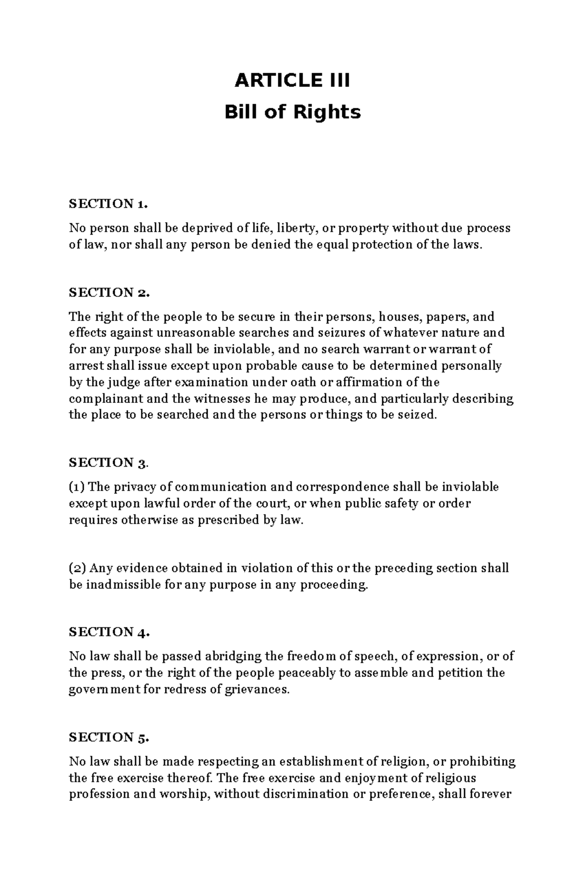 PC1897 Article 3 - ARTICLE III Bill of Rights SECTION 1. No person ...