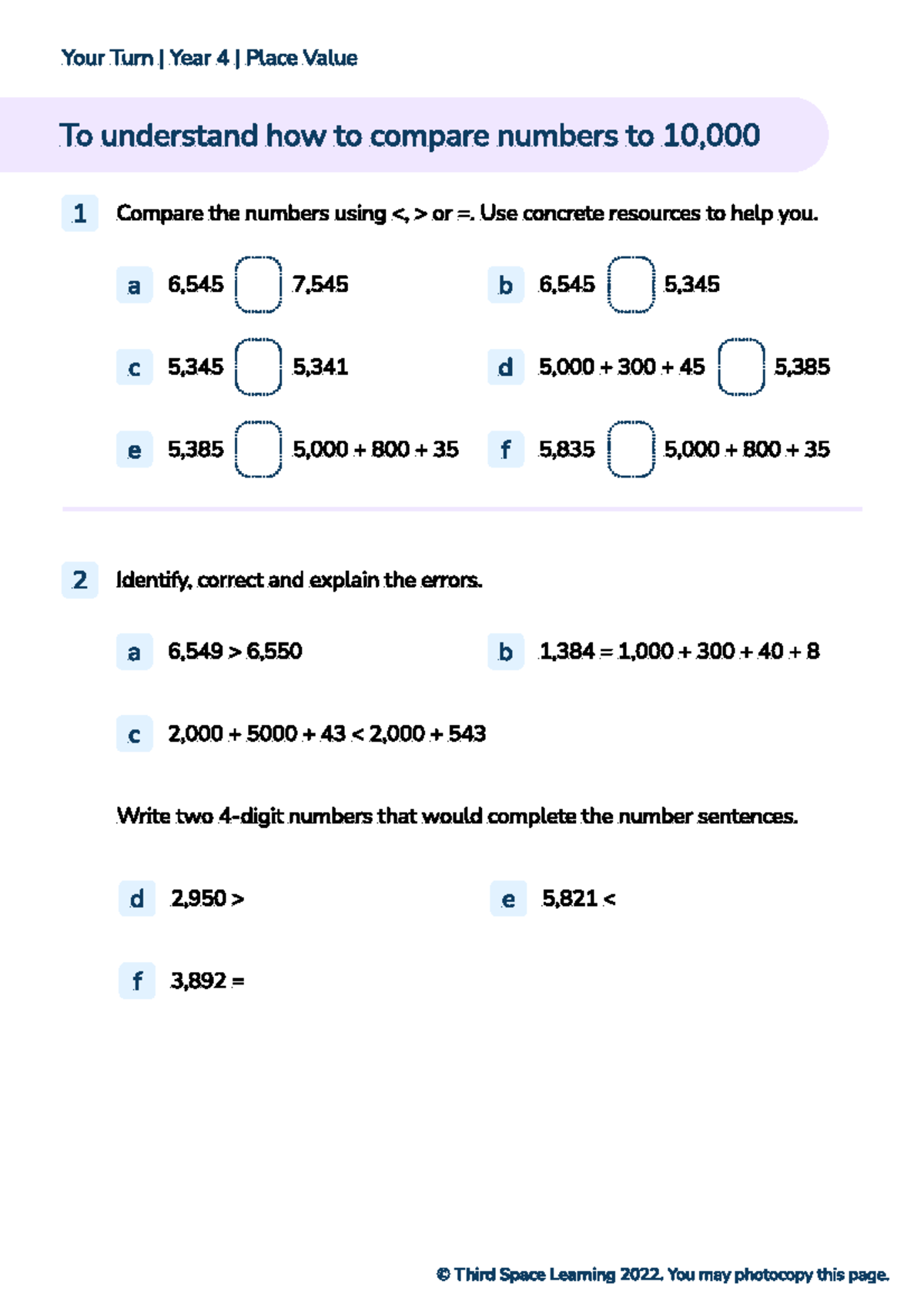 11. Y4 Worksheets Compare numbers to 10,000 - © Third Space Learning ...