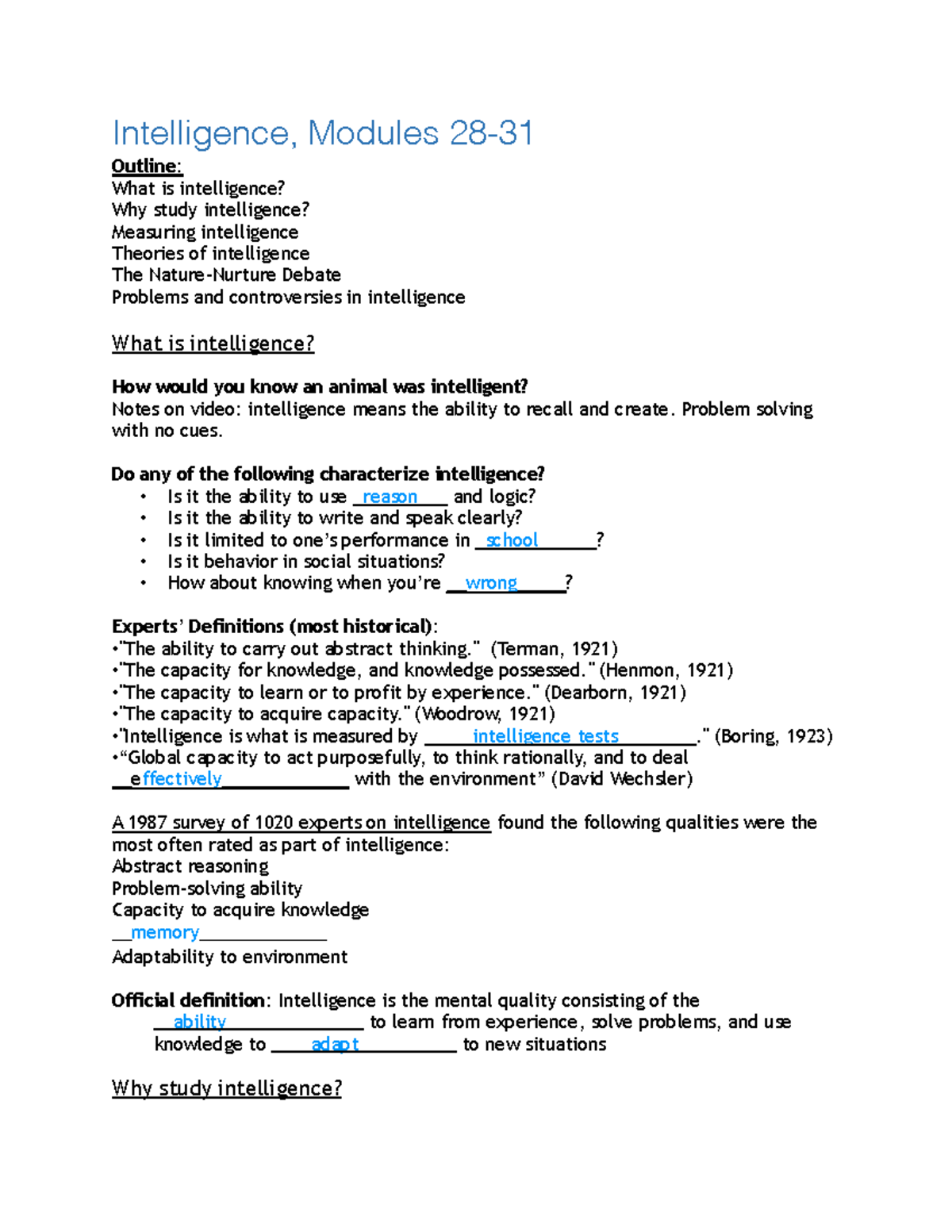 FILL-IN Intelligence Lecture Notes - Intelligence, Modules Outline ...
