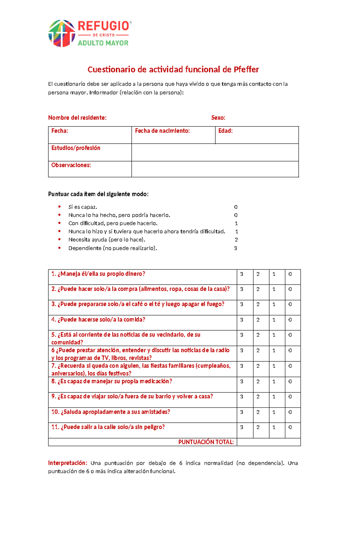 Cuestionario de actividad funcional de Pfeffer - Informador (relación ...