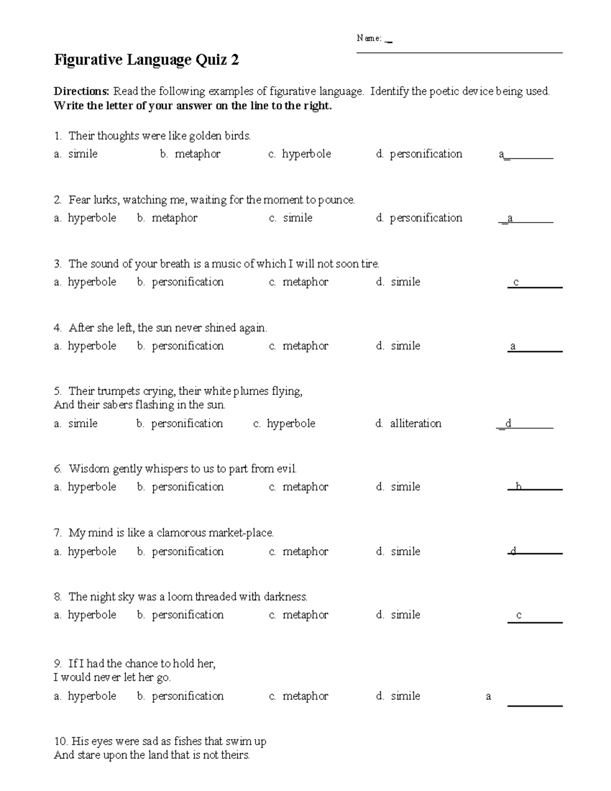 Figurative language quiz 02 - Figurative Language Quiz 2 Name ...