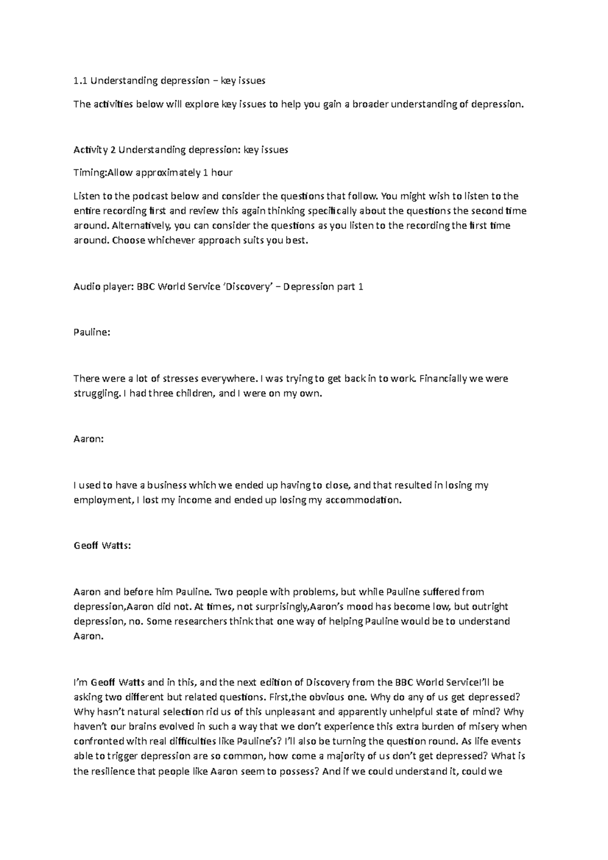 Understanding depression - Activity 2 Understanding depression: key ...