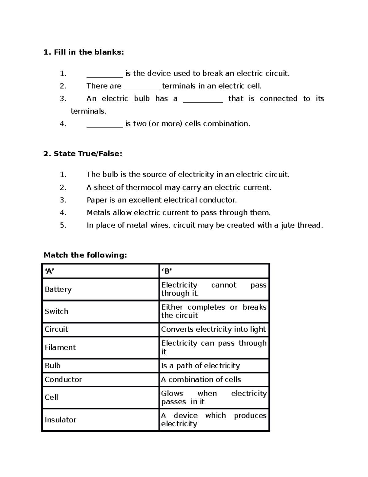 Electricity Worksheet - Fill in the blanks: __________ is the device ...