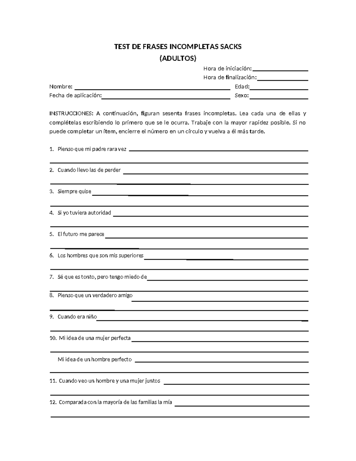 TEST DE Frases Incompletas Adultos Formato - TEST DE FRASES INCOMPLETAS ...