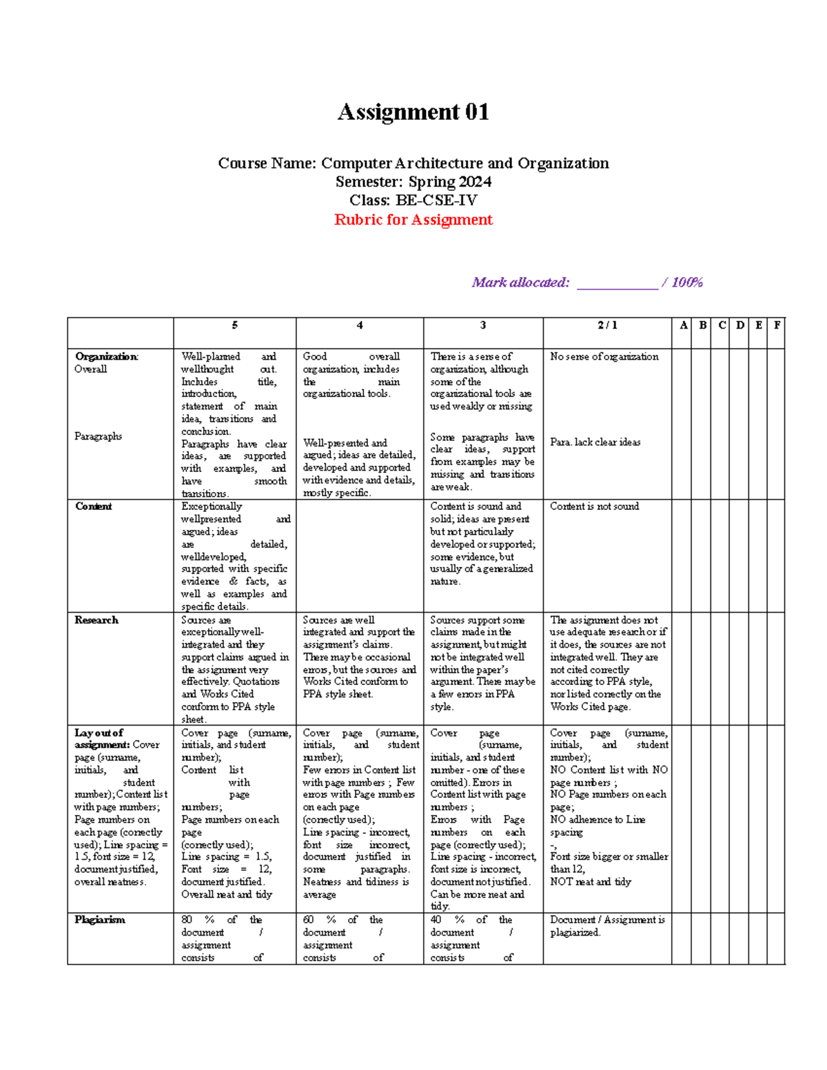 Assignment 01 (1) CAO - Assignment 01 Course Name: Computer Architecture and Organization ...