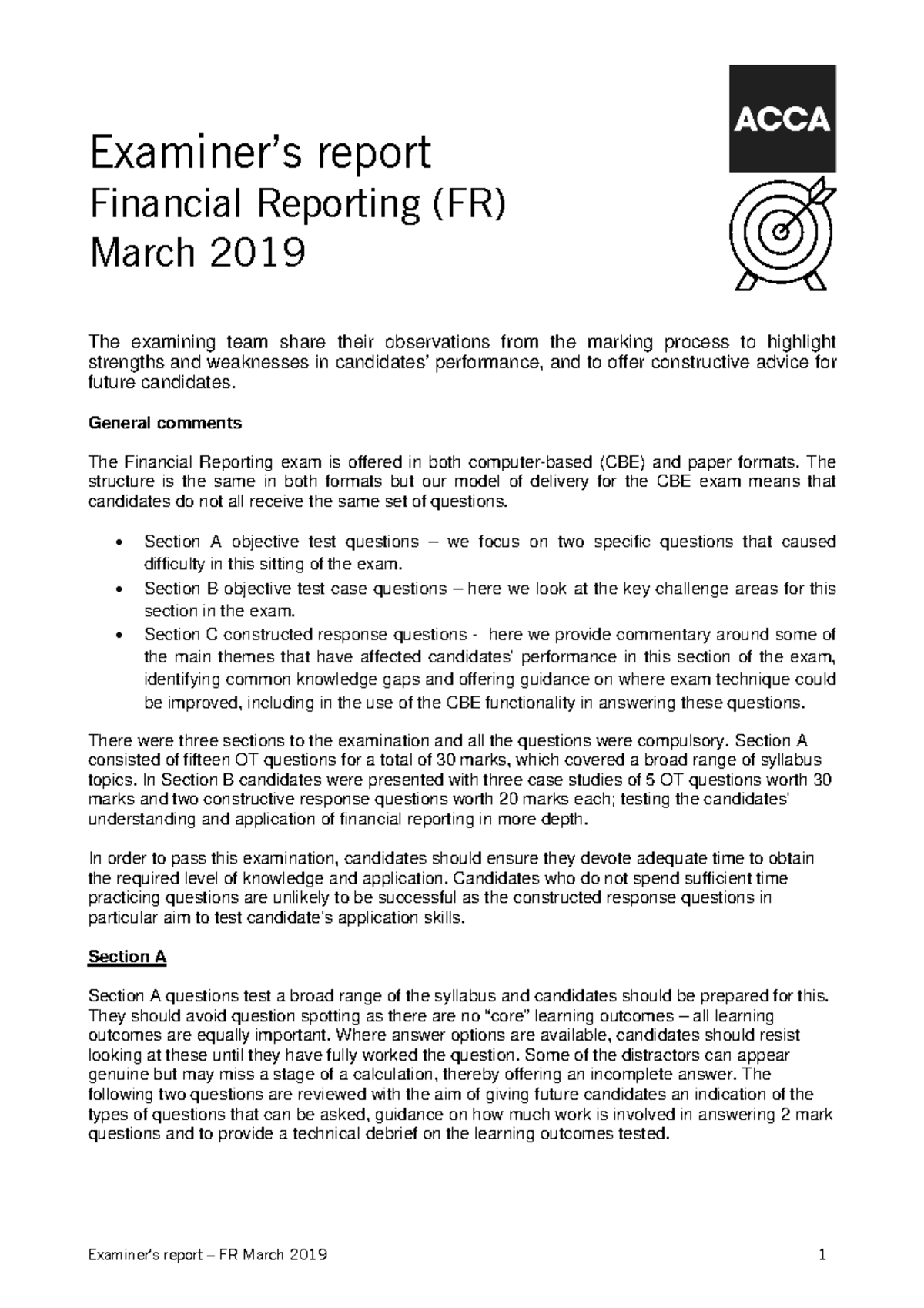 Fr-examreport=m19 - Exam report - report Financial Reporting (FR) March ...