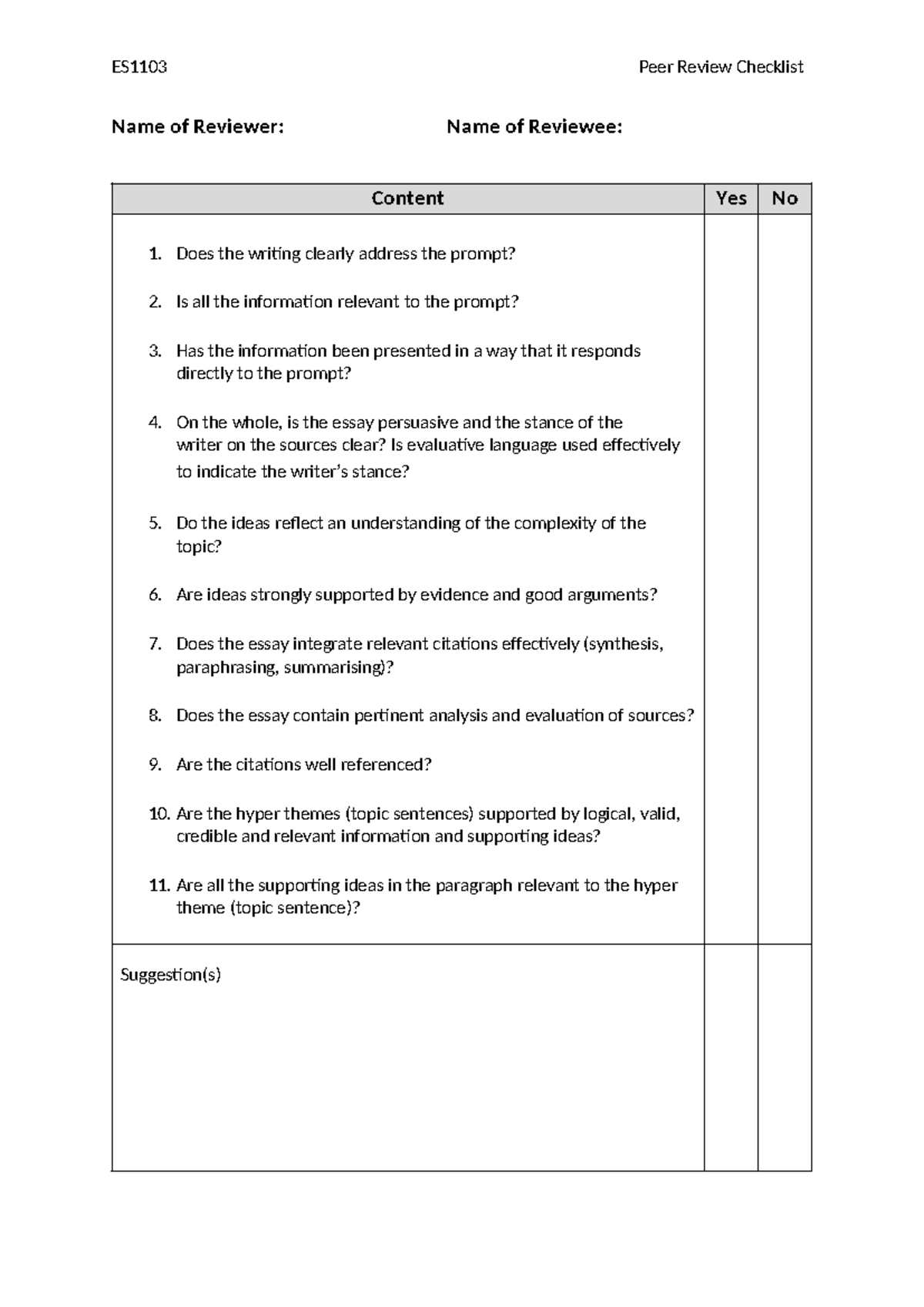 ES1103 Peer Review Checklist - Does the writing clearly address the ...