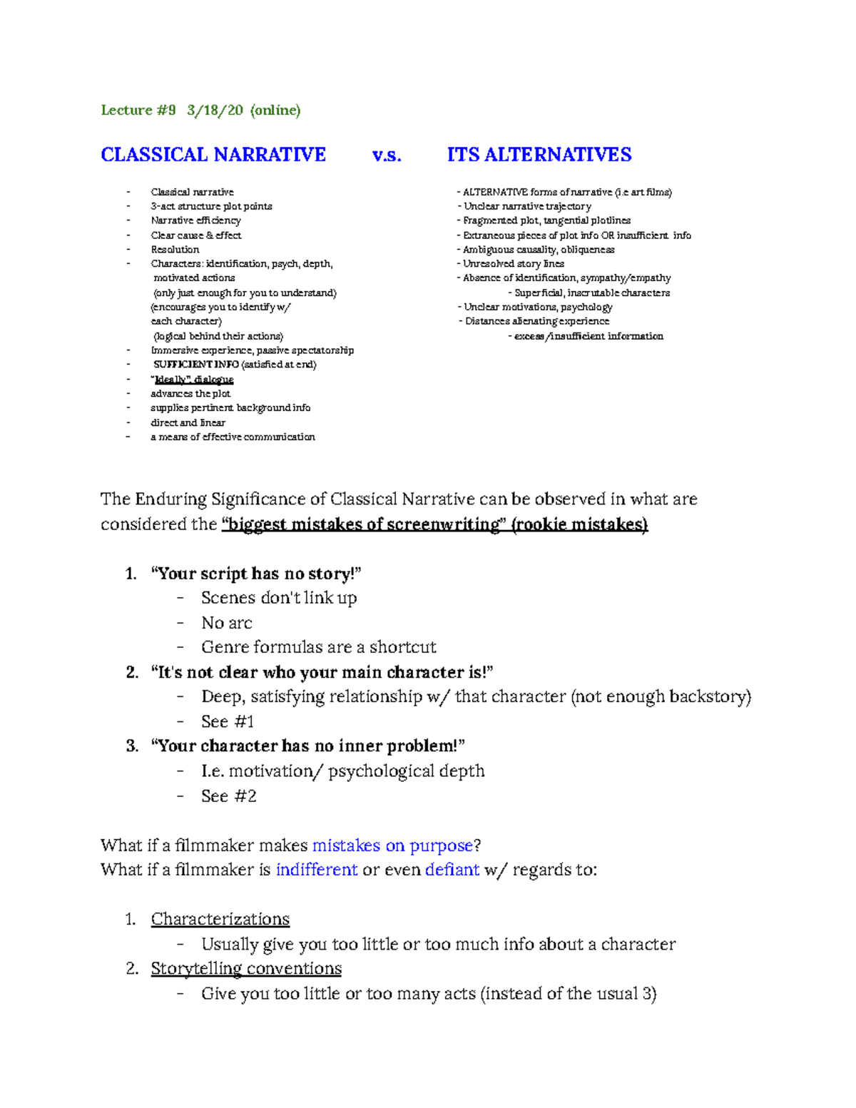 Film Appreciation Notes Lecture #9 - Lecture #9 3/18/20 (online ...