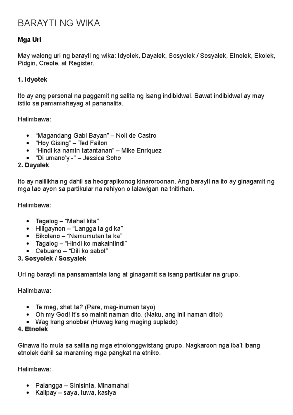 Barayti NG WIKA-2 - BARAYTI NG WIKA Mga Uri May walong uri ng barayti ...