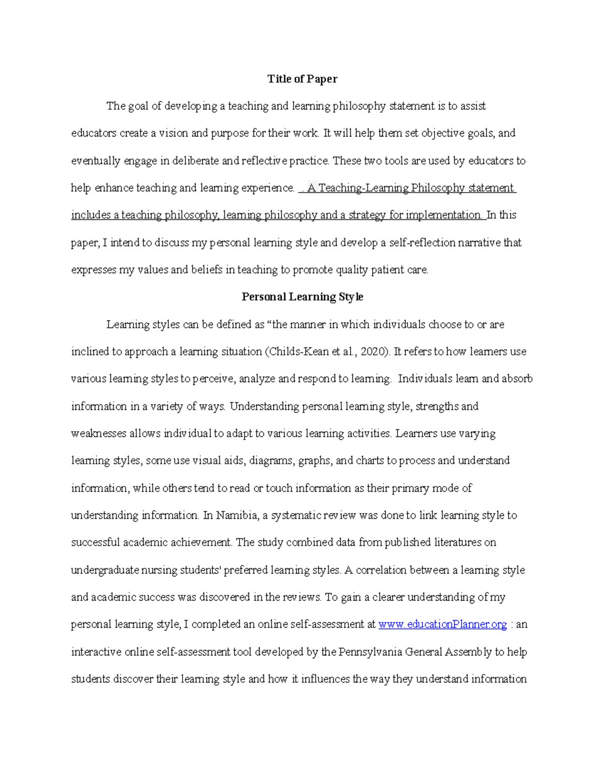 Personal Learning Style - Title of Paper The goal of developing a ...