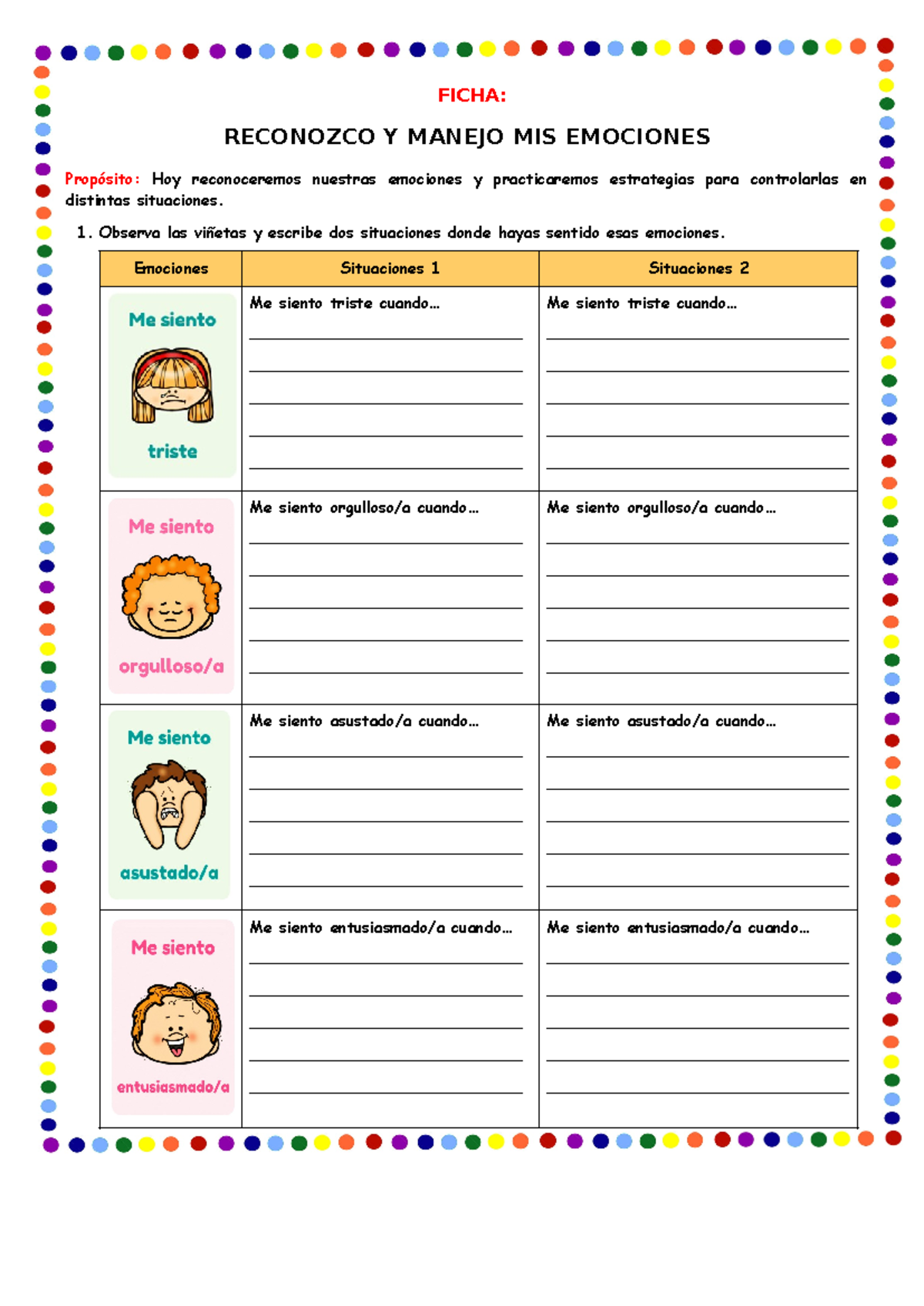 Manejo mis emociones - FICHA: RECONOZCO Y MANEJO MIS EMOCIONES ...