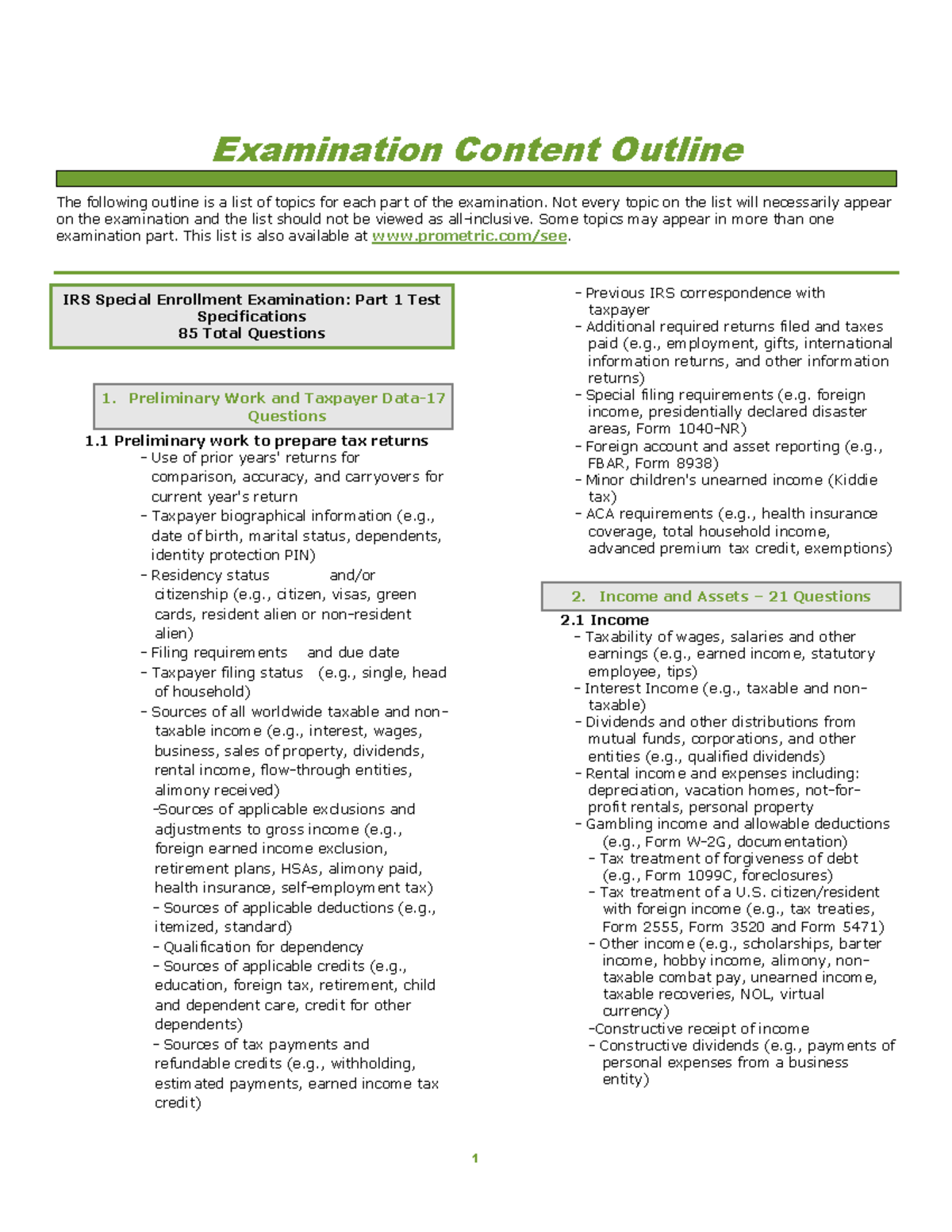IRS Exam Content SEE Part1 - 1 Examination Content Outline The ...