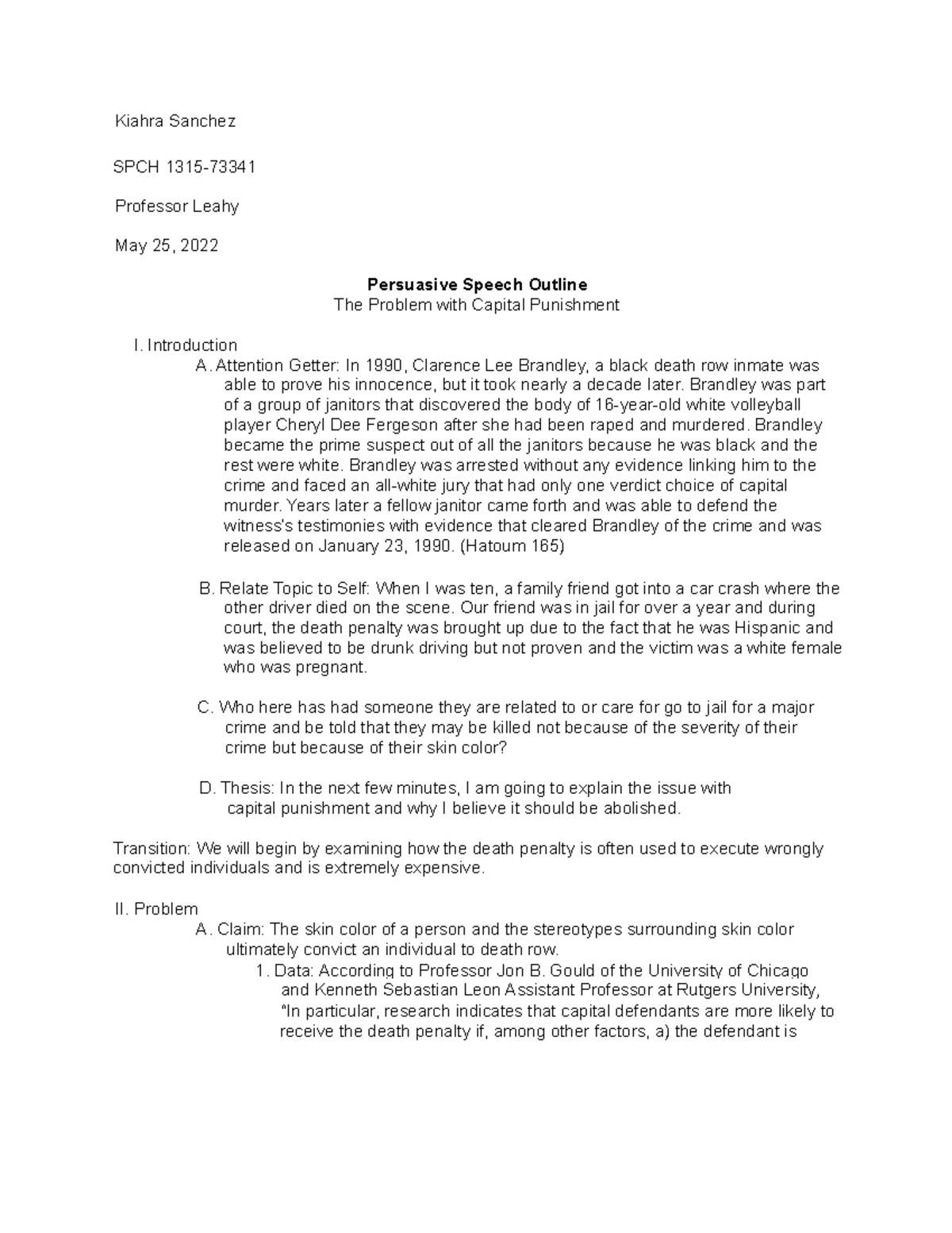 Persuasive Speech Outline - Kiahra Sanchez SPCH 1315- Professor Leahy ...