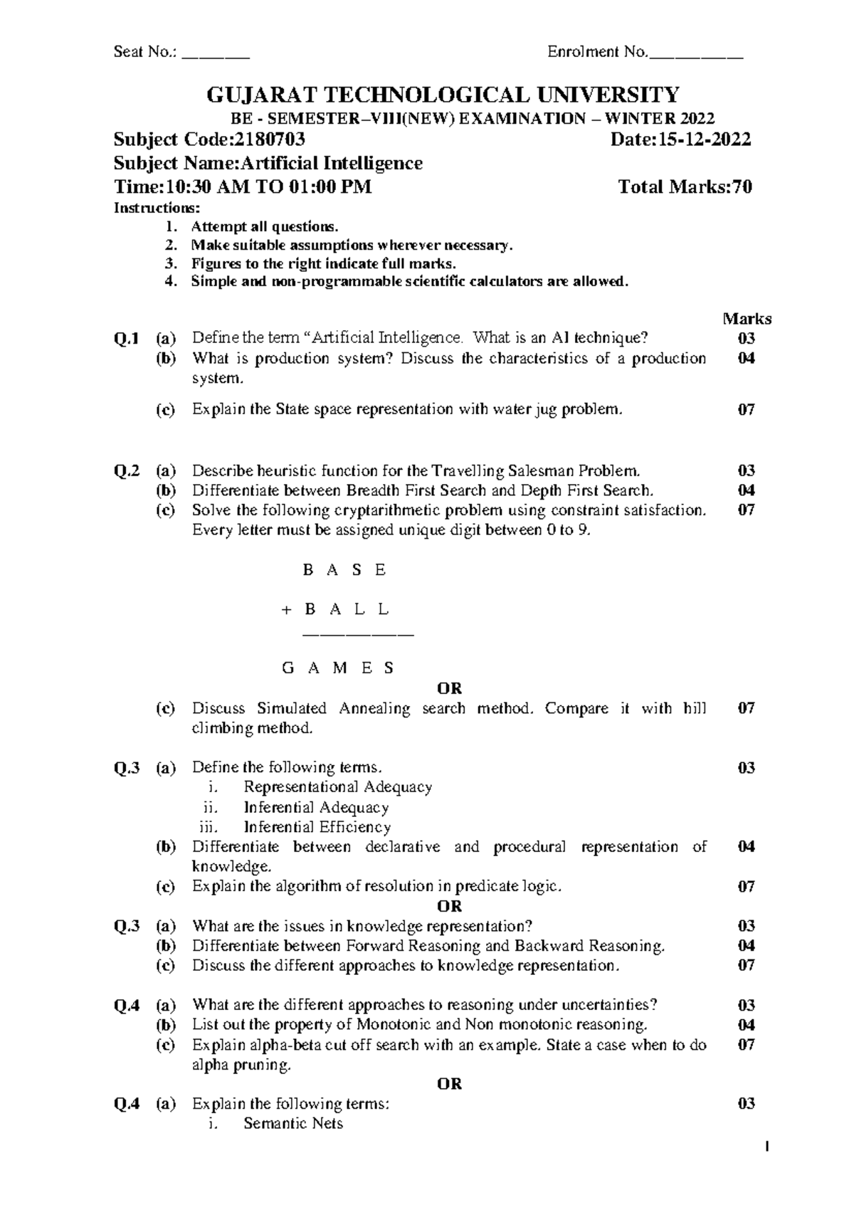 GTU Computer 2180703 Winter 2022 - 1 Seat No.: ________ Enrolment No ...