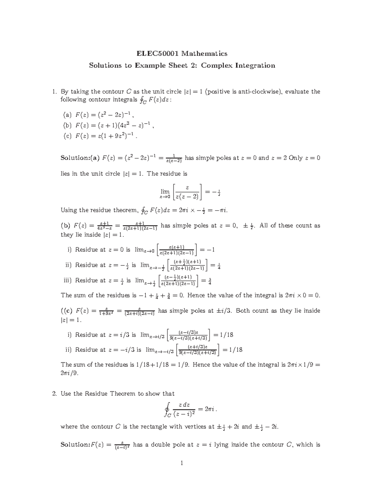 Solutions to Example Sheet 2- Complex Integration - ELEC50001 Mathematics Solutions to Example ...