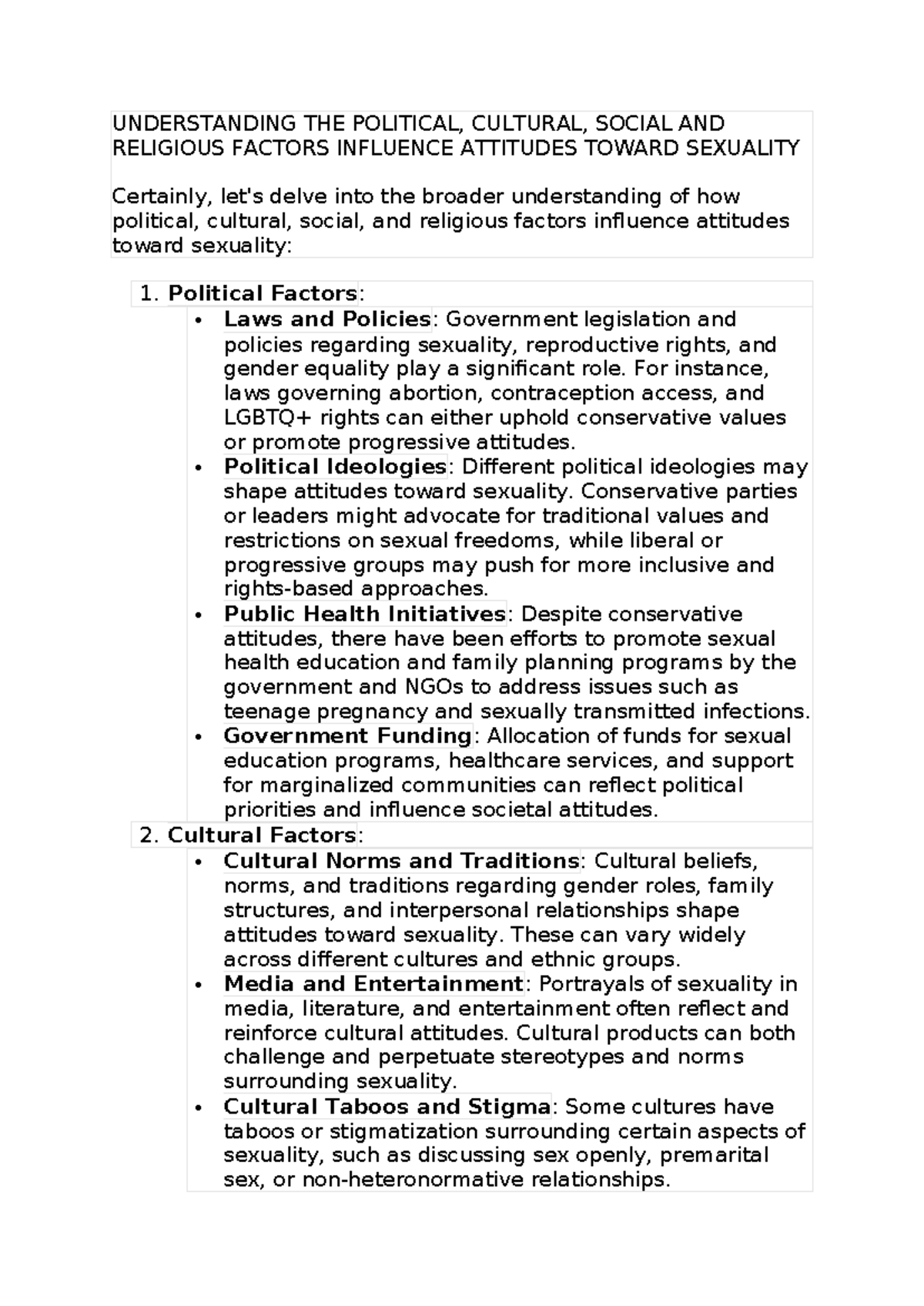 Understanding THE Political, Cultural, Social AND Religious Factors ...