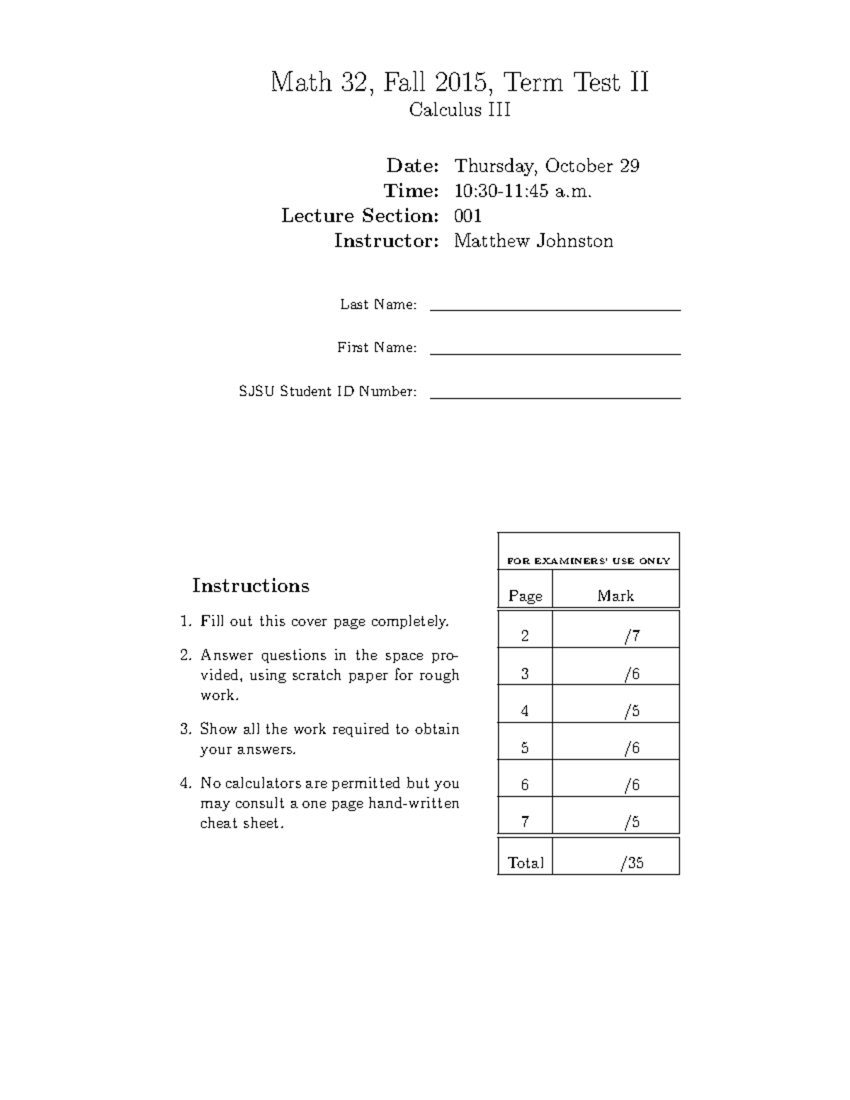 MATH 32 Exam 2 - Exam 2 paper - Math 32, Fall 2015, Term Test II ...