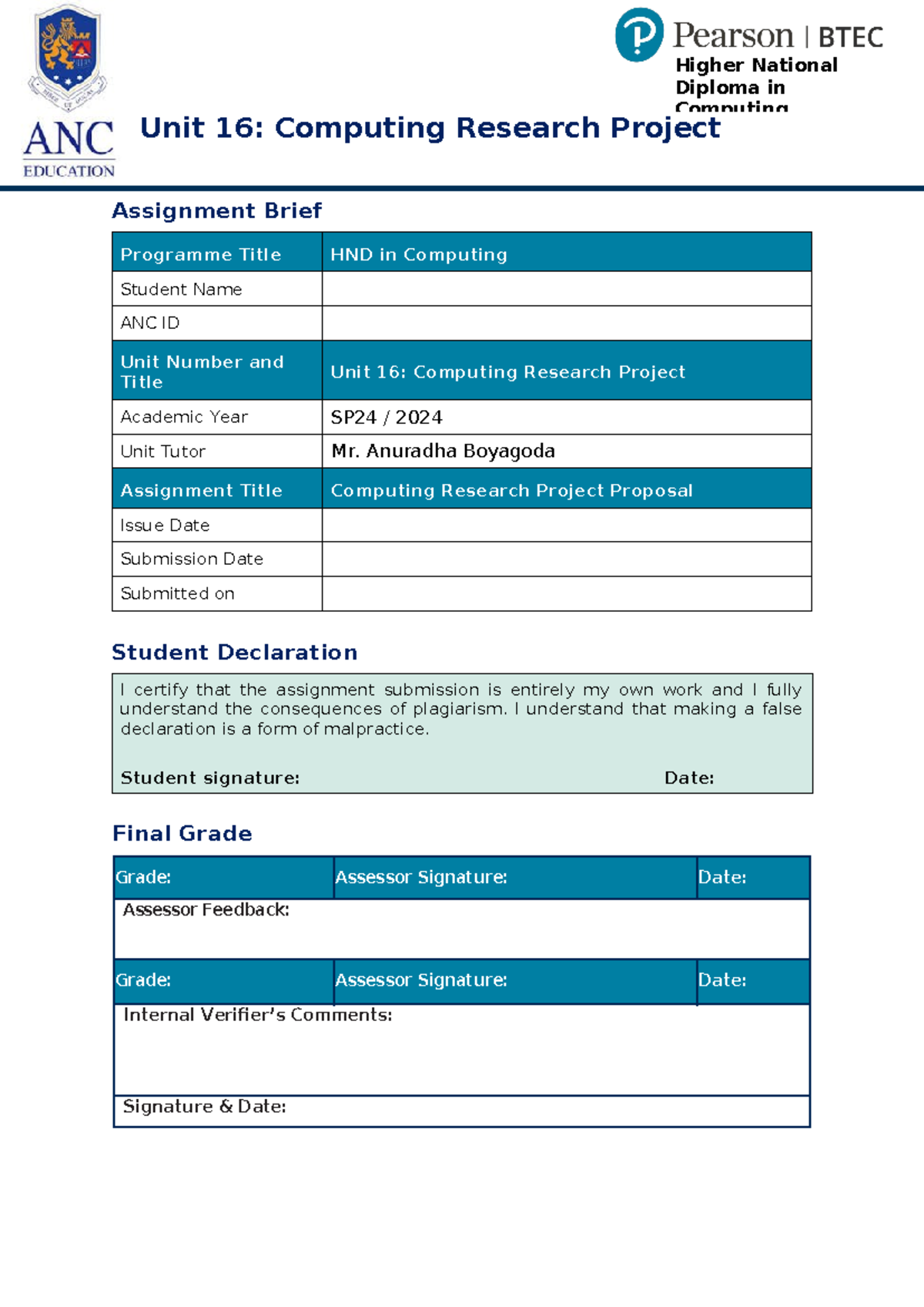 Unit 16 Computing Research Project PART 1 Proposal - Higher National Diploma in Computing Unit ...