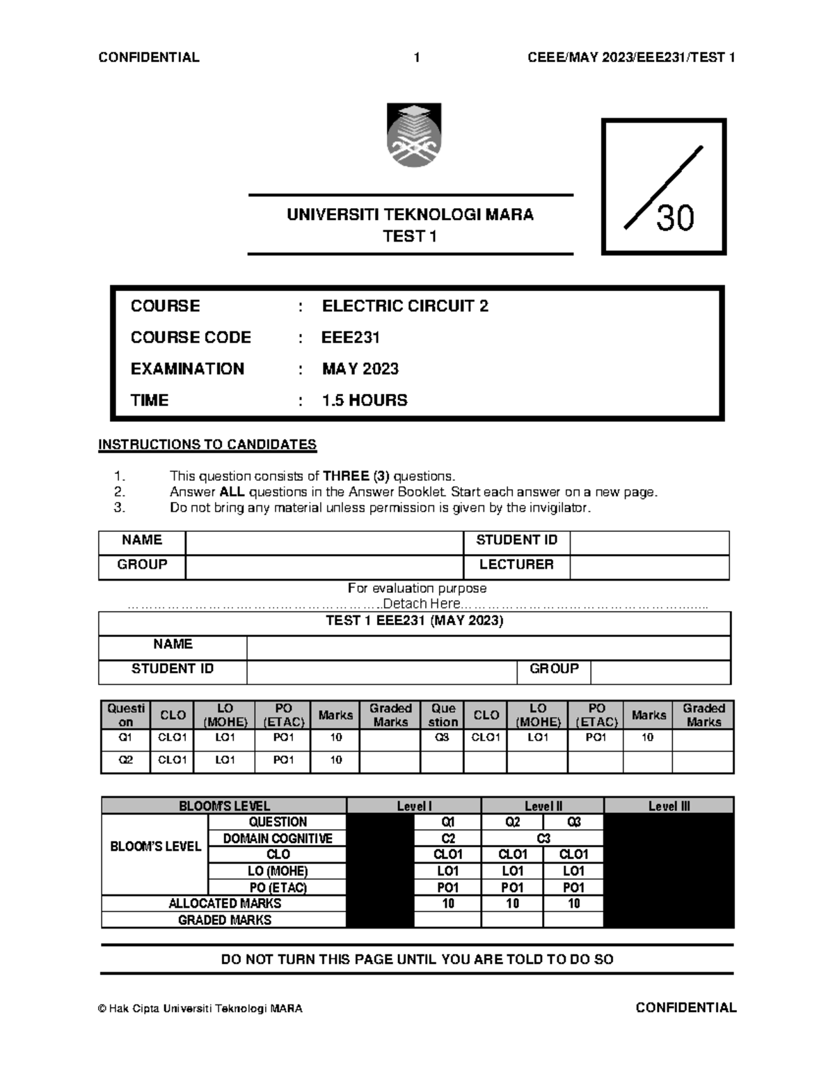 TEST 1 EEE231 - test paper - UNIVERSITI TEKNOLOGI MARA TEST 1 30 COURSE ...