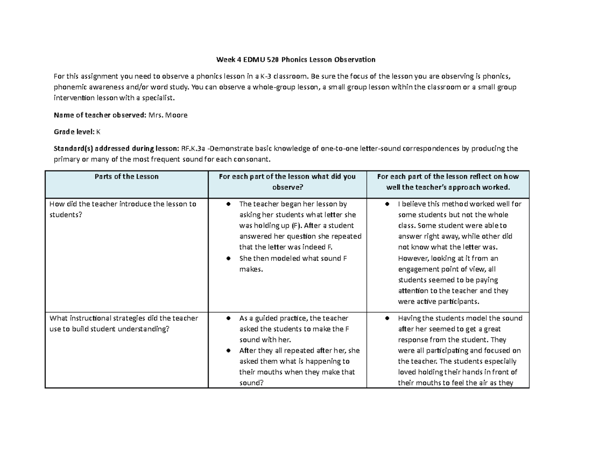 Week 4 Phonics Lesson Observation sample - Week 4 EDMU 520 Phonics ...