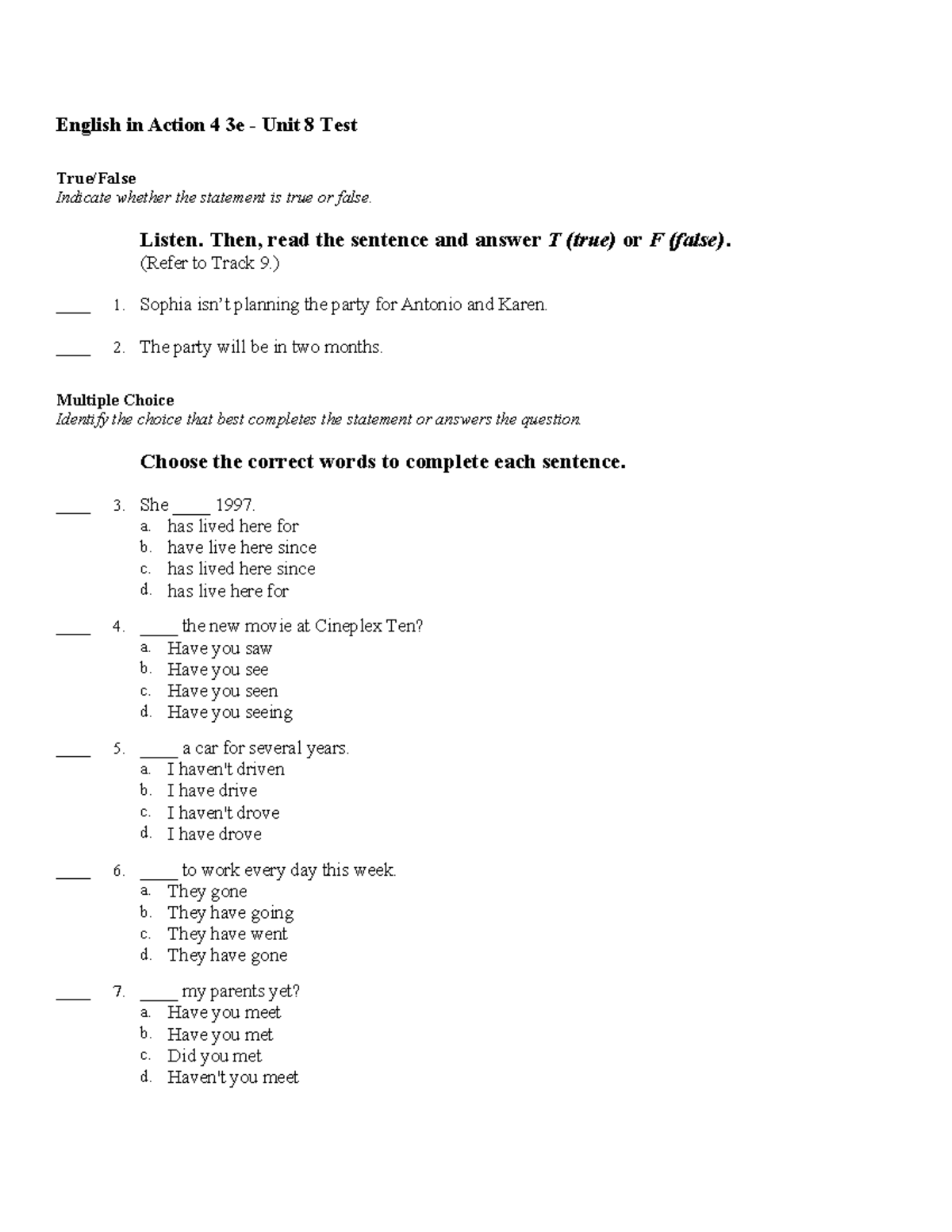 Eia 4 3e unit 8 test - English in Action 4 3e - Unit 8 Test True/False ...