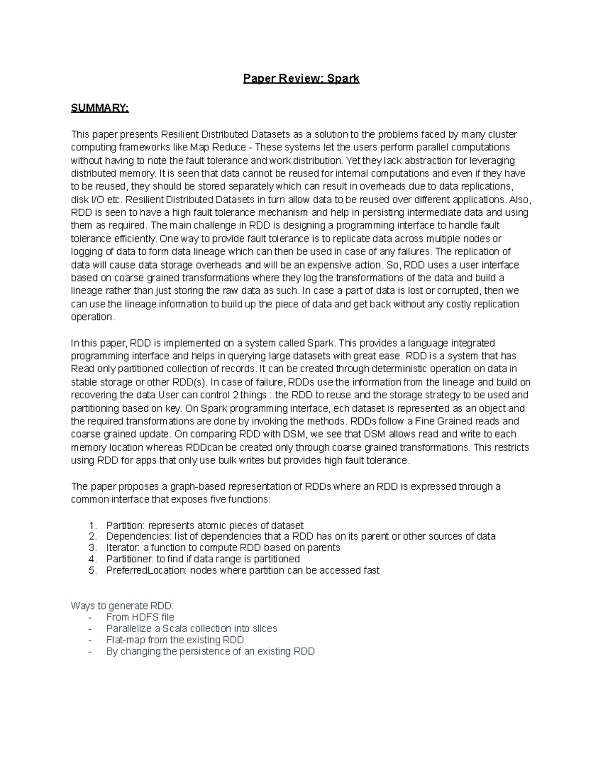 Paper Review Spark - Paper Review: Spark SUMMARY: This paper presents ...