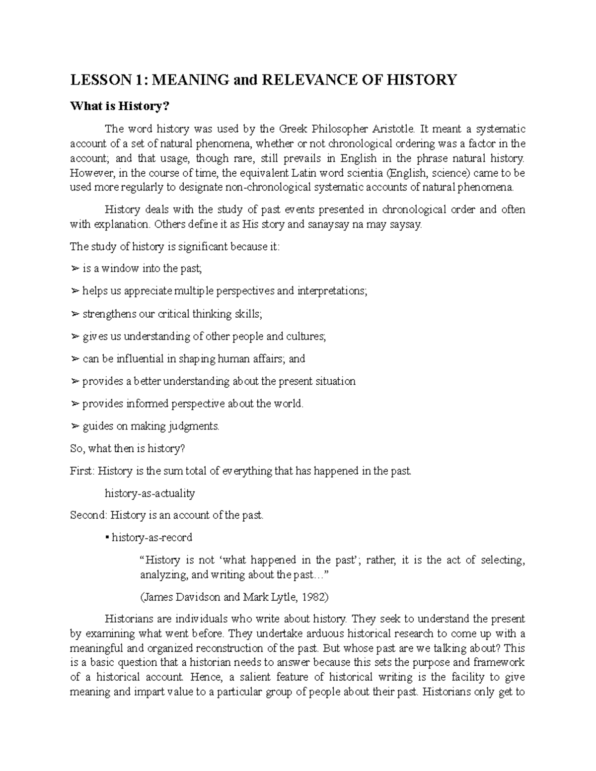 Lesson 1 Meaning and Relevance OF History - LESSON 1: MEANING and ...