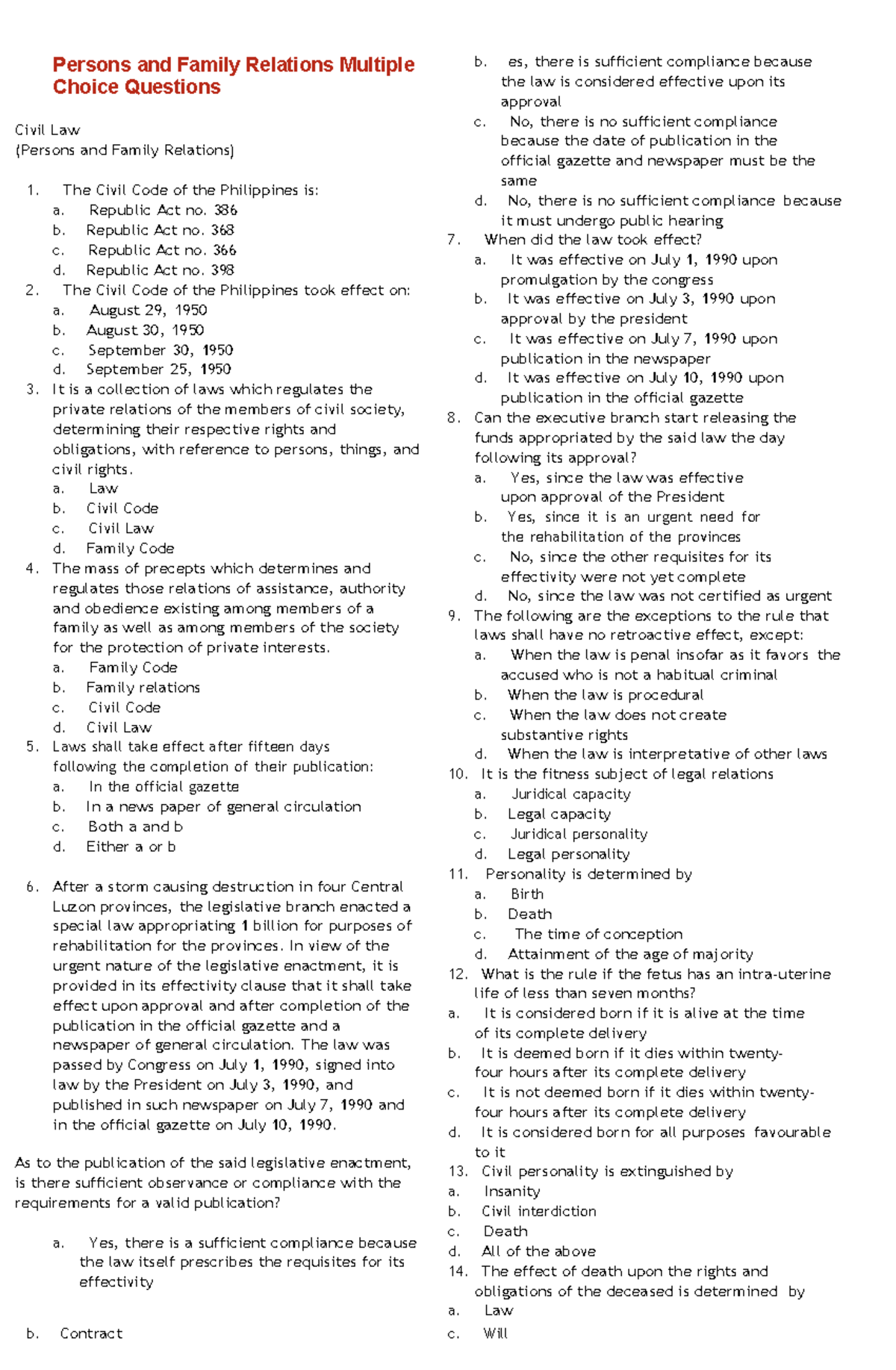 Persons and family relations multiple choice questions - Persons and ...