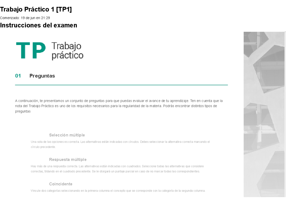Examen Trabajo Práctico 1 [TP1] Logistica 95% - Trabajo Práctico 1 [TP1] Comenzado: 19 de jun en ...