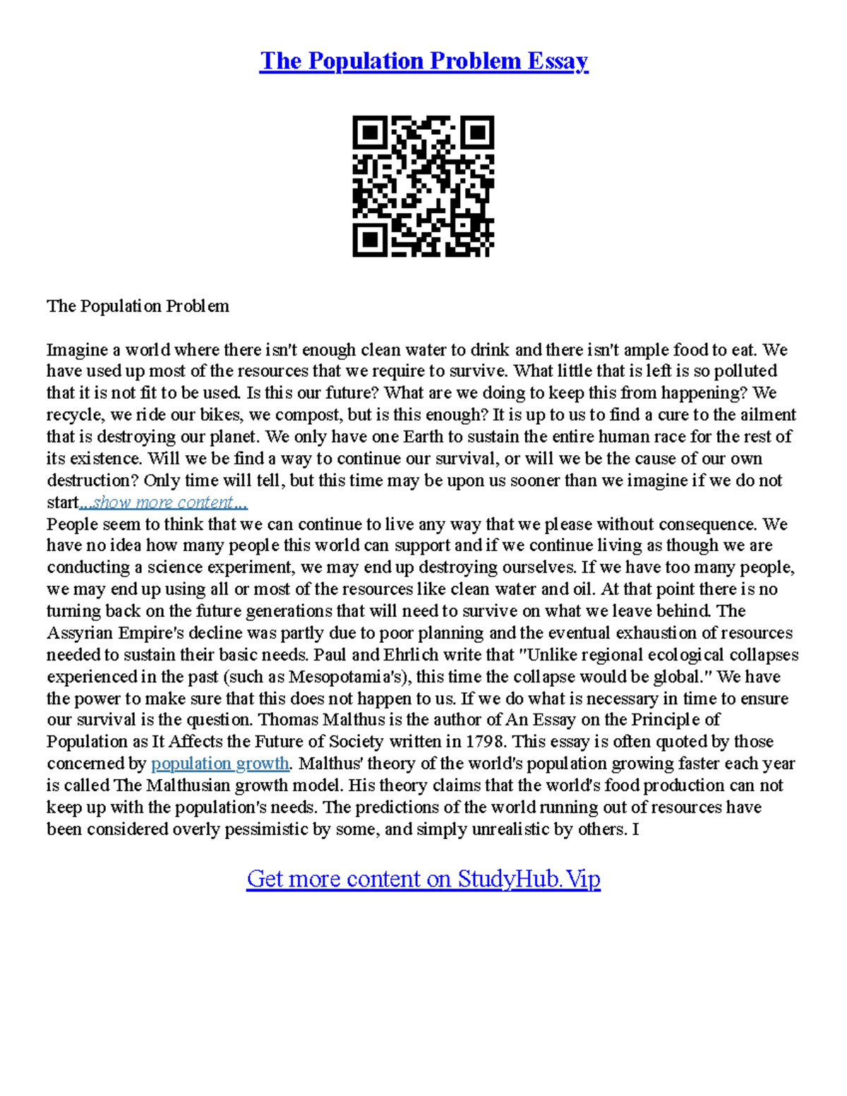 Malthusian Theory Of Population Essay - The Population Problem Essay ...