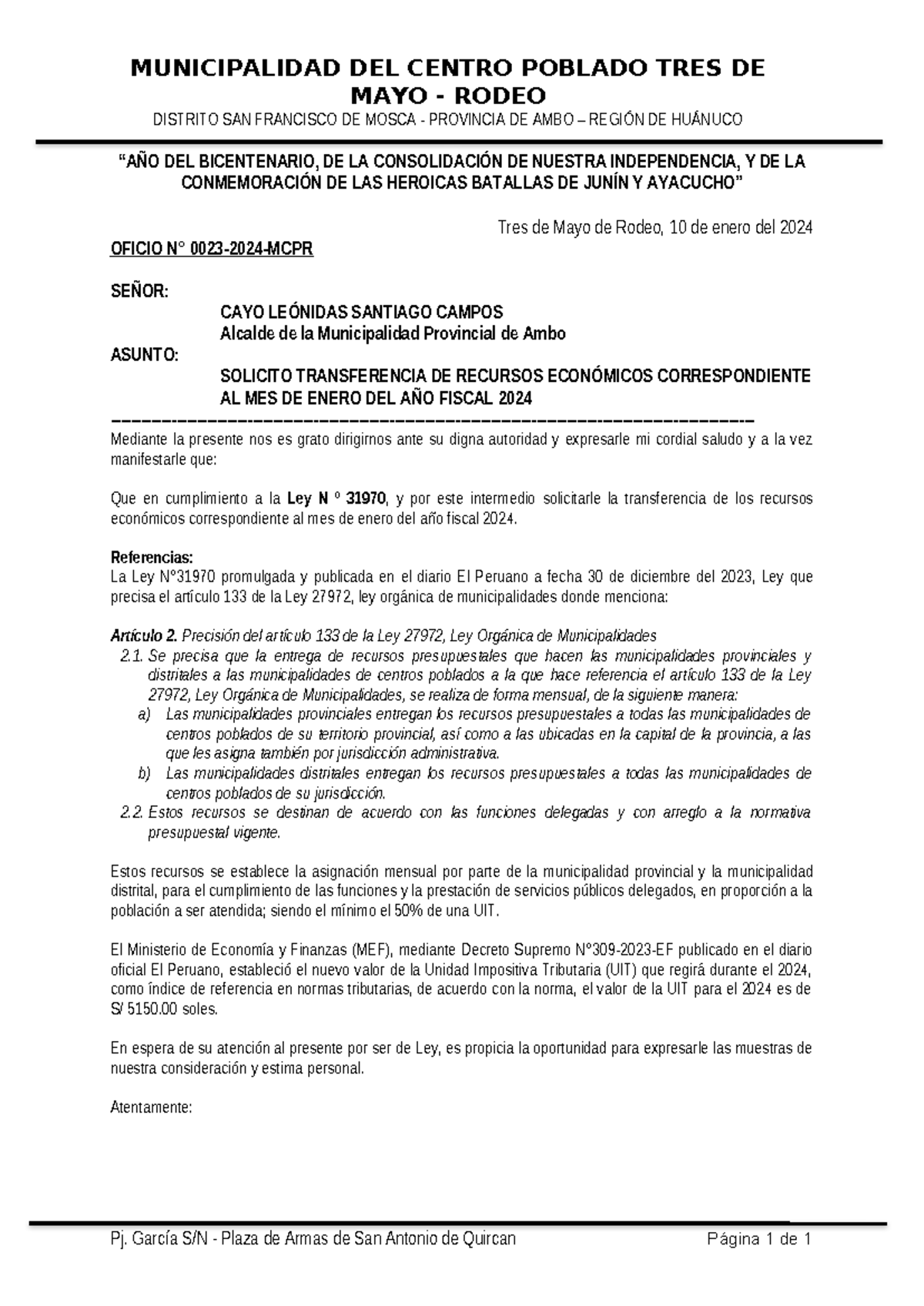 EMER 111 - MUNICIPALIDAD DEL CENTRO POBLADO TRES DE MAYO - RODEO ...
