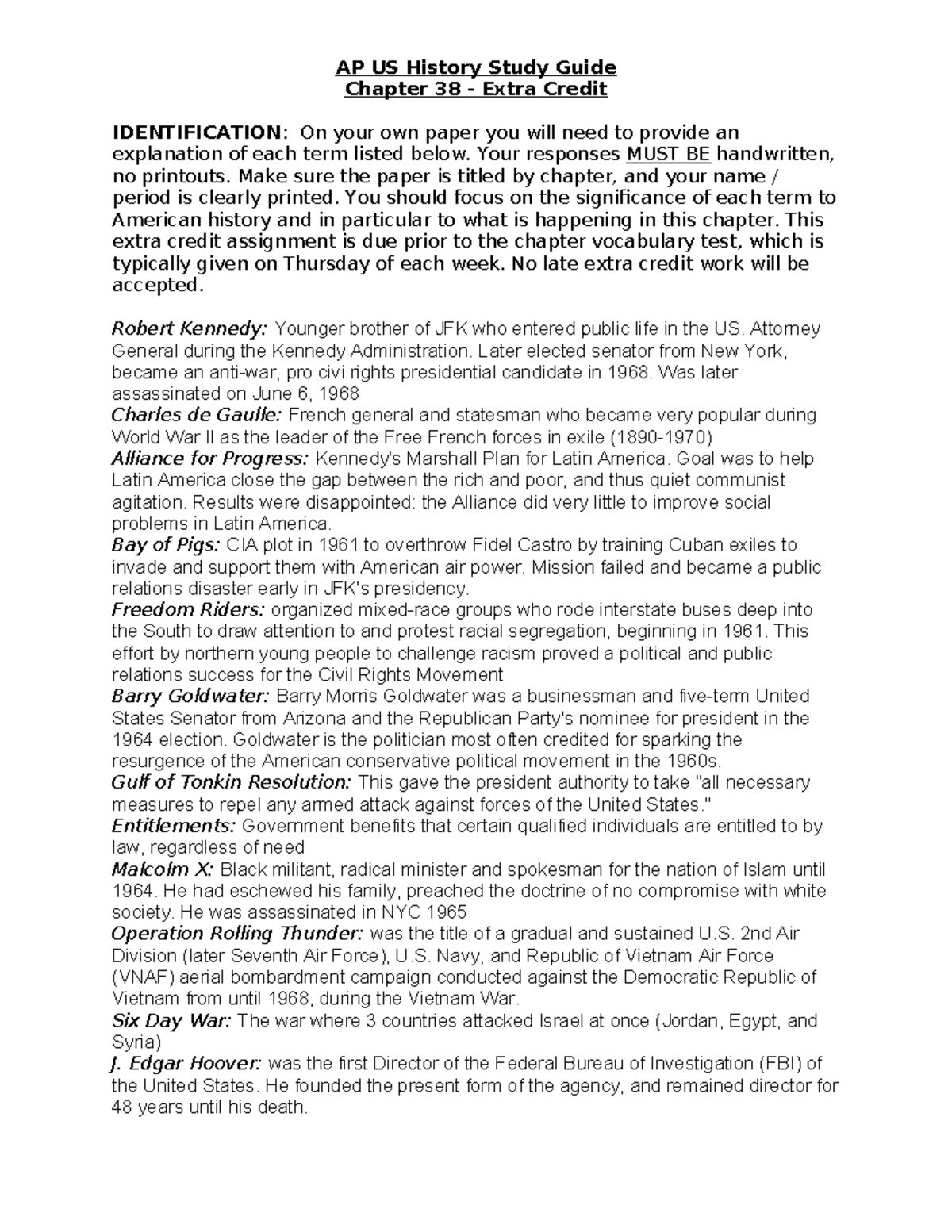 Chapter 38 - Extra Credit - AP US History Study Guide Chapter 38 ...