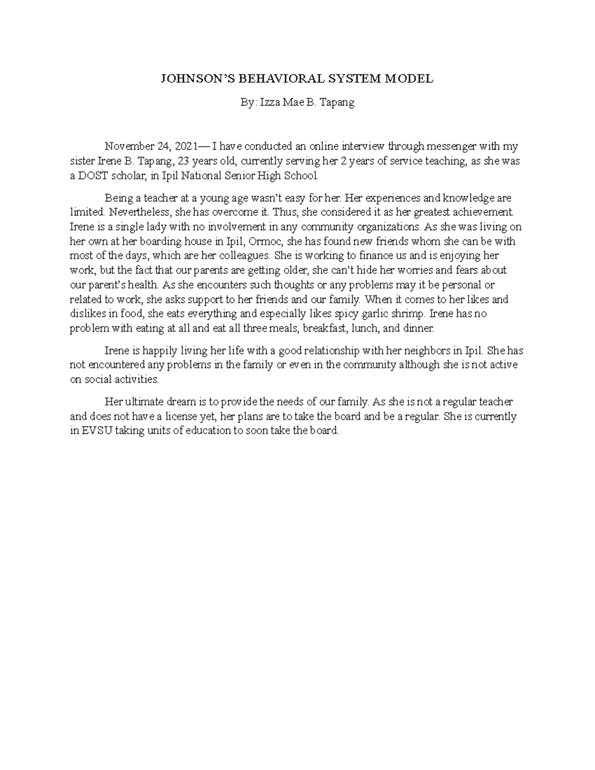 Tapang Activity ON Dorothy Johnson - JOHNSON’S BEHAVIORAL SYSTEM MODEL ...