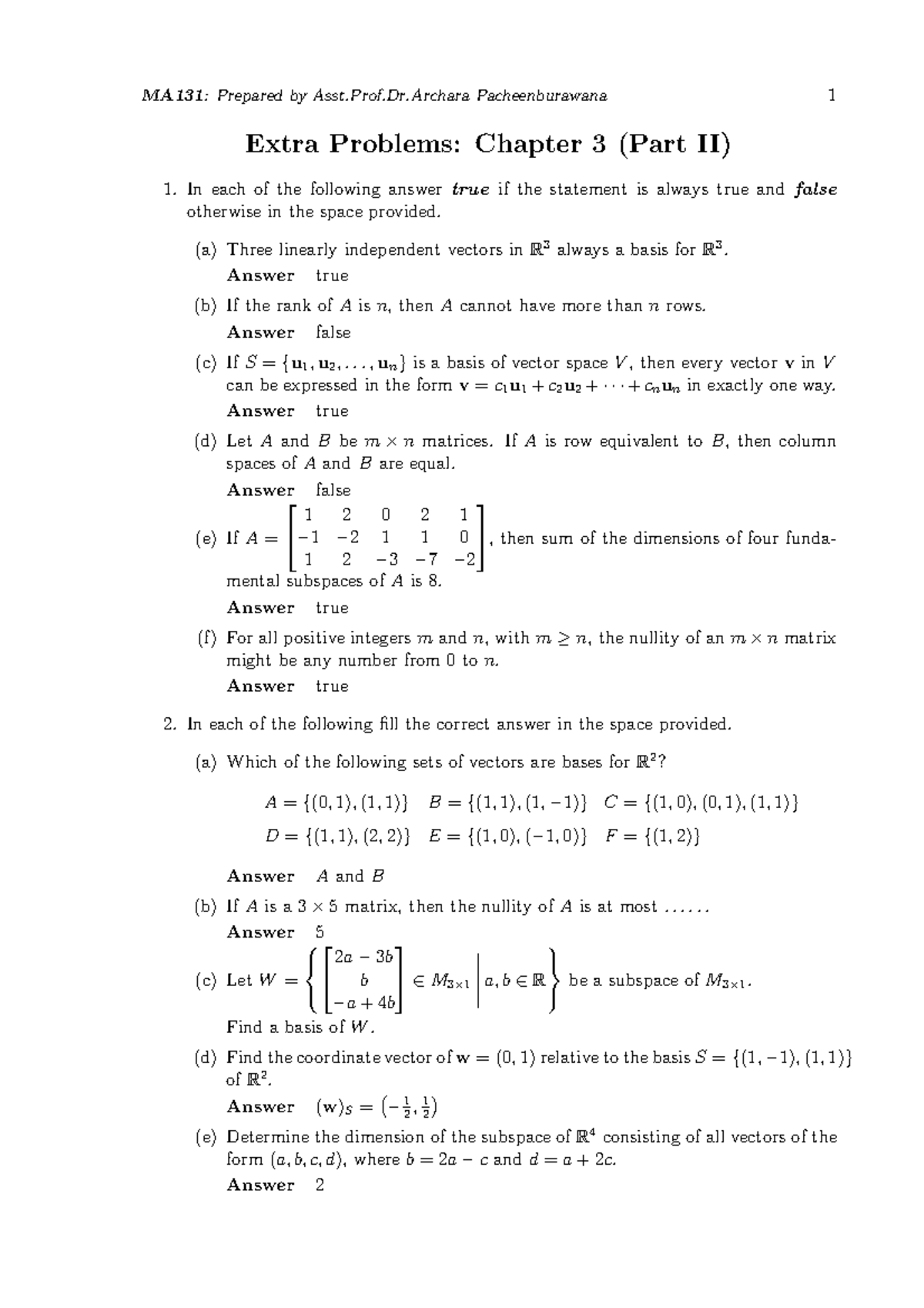 linear algebra notes - Extra Problems: Chapter 3 (Part II) In each of ...