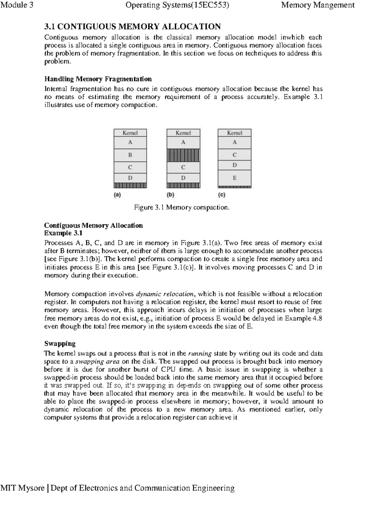 17EC553 Module 3 Memory management - 3 CONTIGUOUS MEMORY ALLOCATION Contiguous memory allocation ...