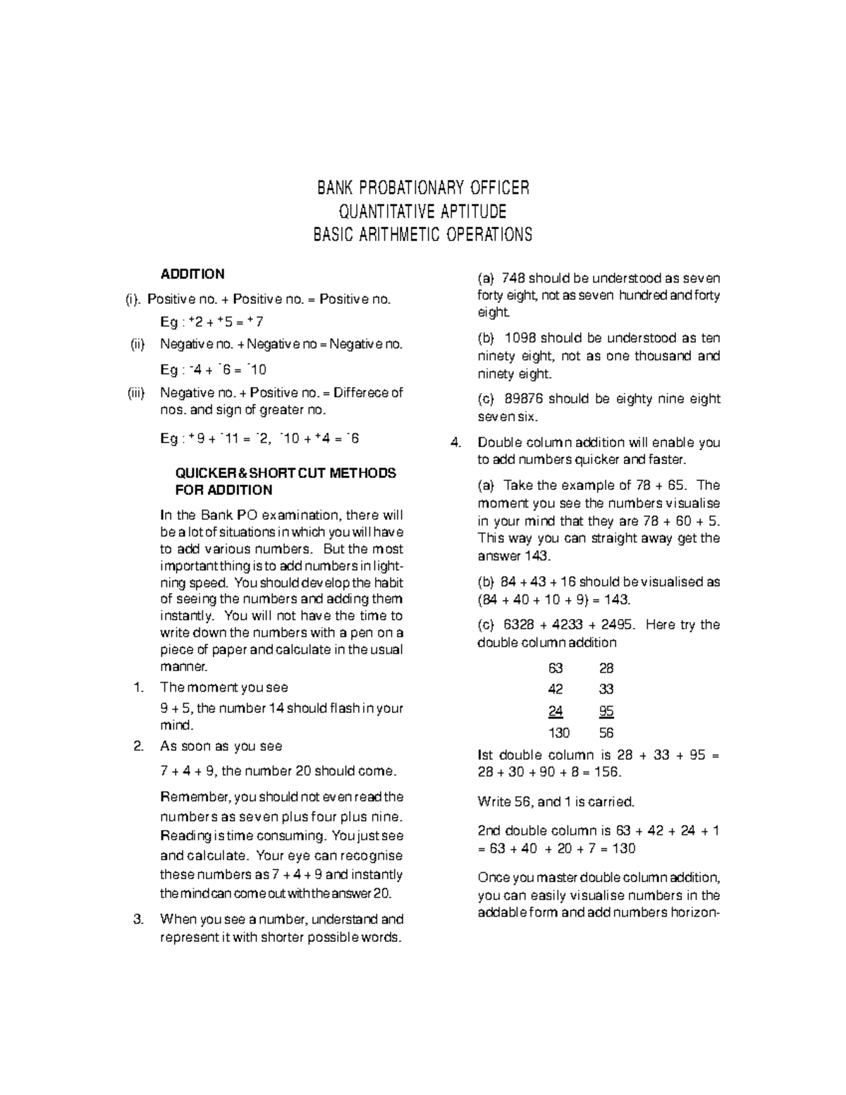 2 Basic Arithmetic Operation - ADDITION (i). Positive no. + Positive no ...