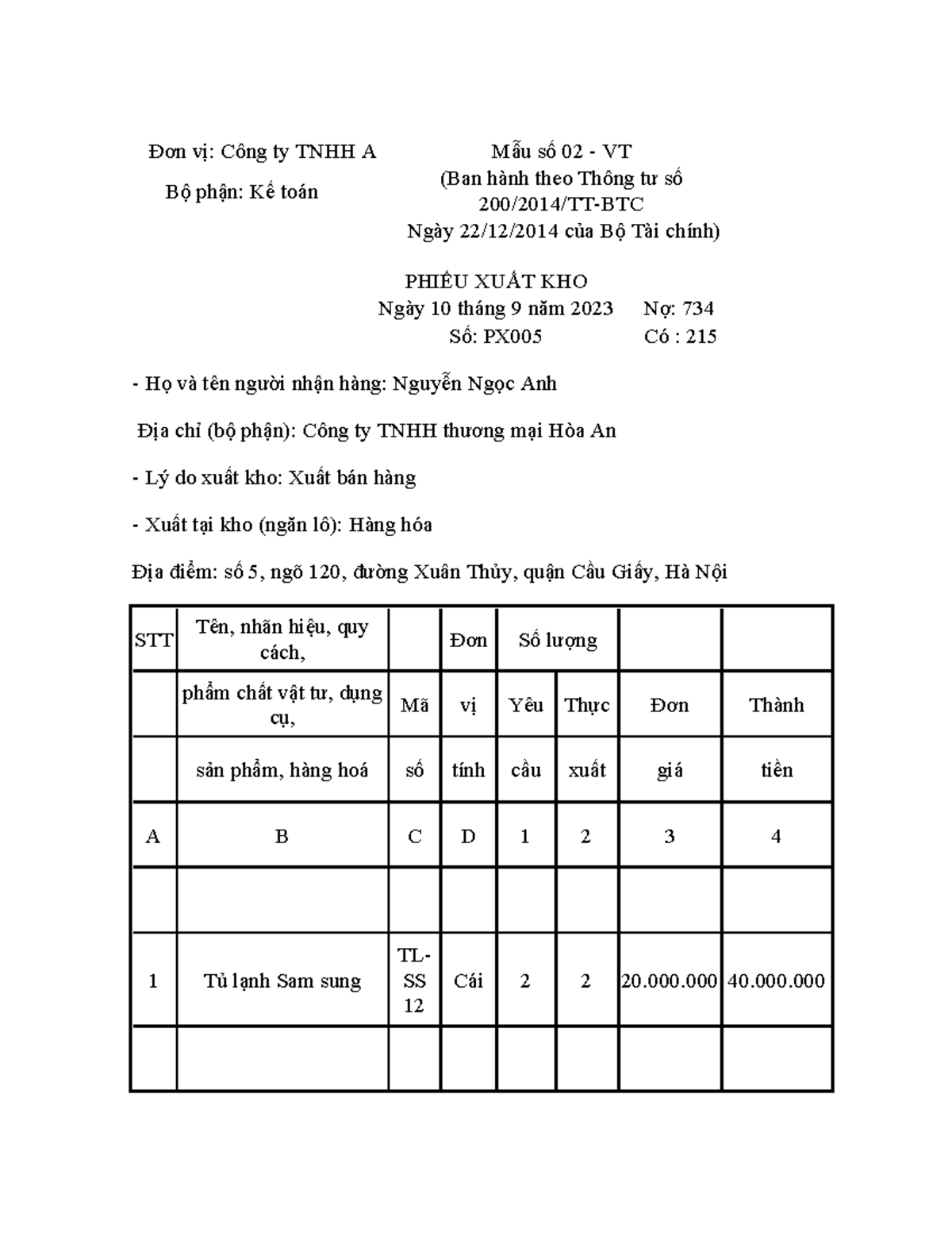Mau phieu xuat kho theo thong tu 200 - Đơn vị: Công ty TNHH A Mẫu số 02 - VT Bộ phận: Kế toán ...