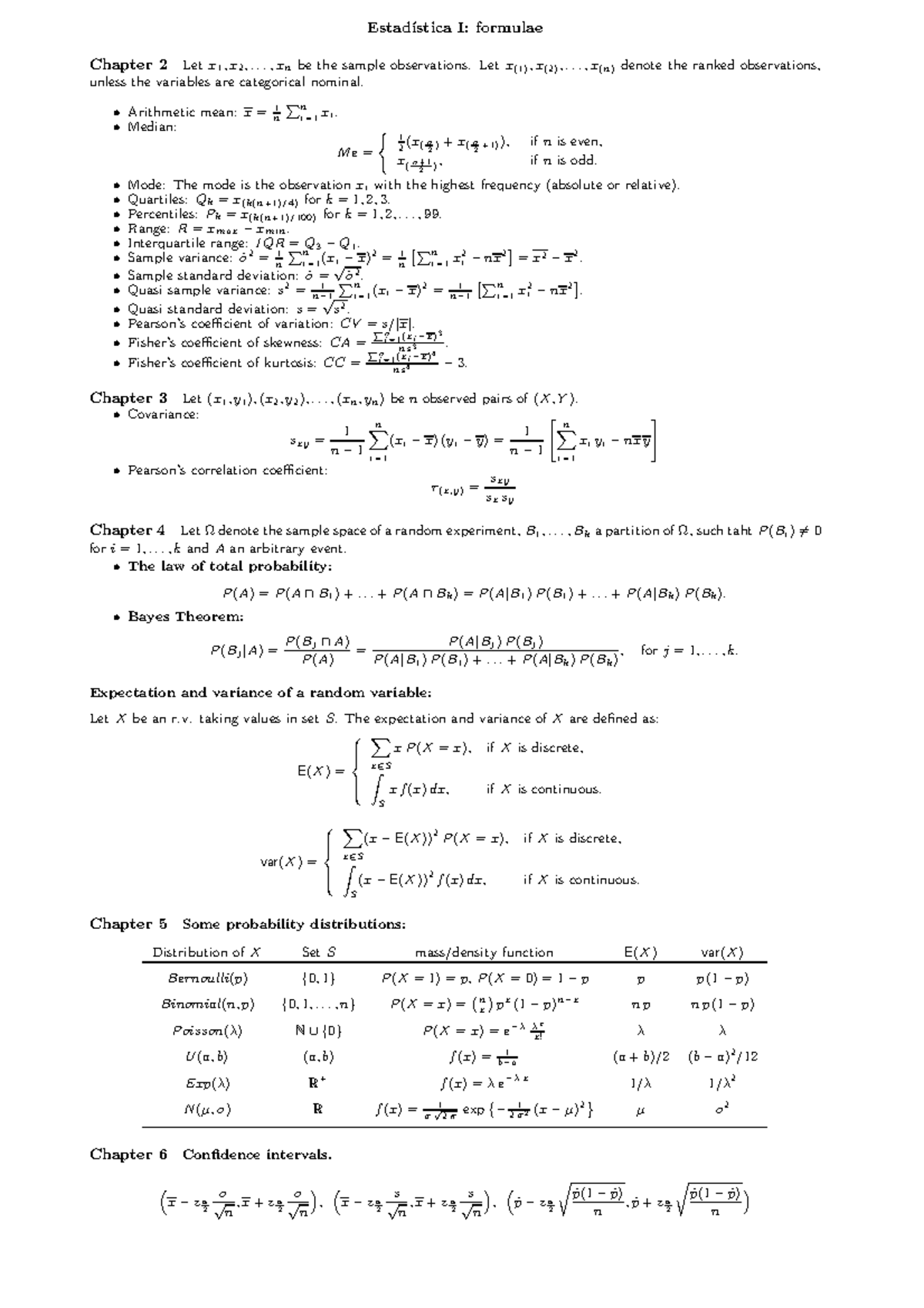 Formulario ingles - Estad ́ıstica I: formulae Chapter 2 Let x 1 , x 2 ...