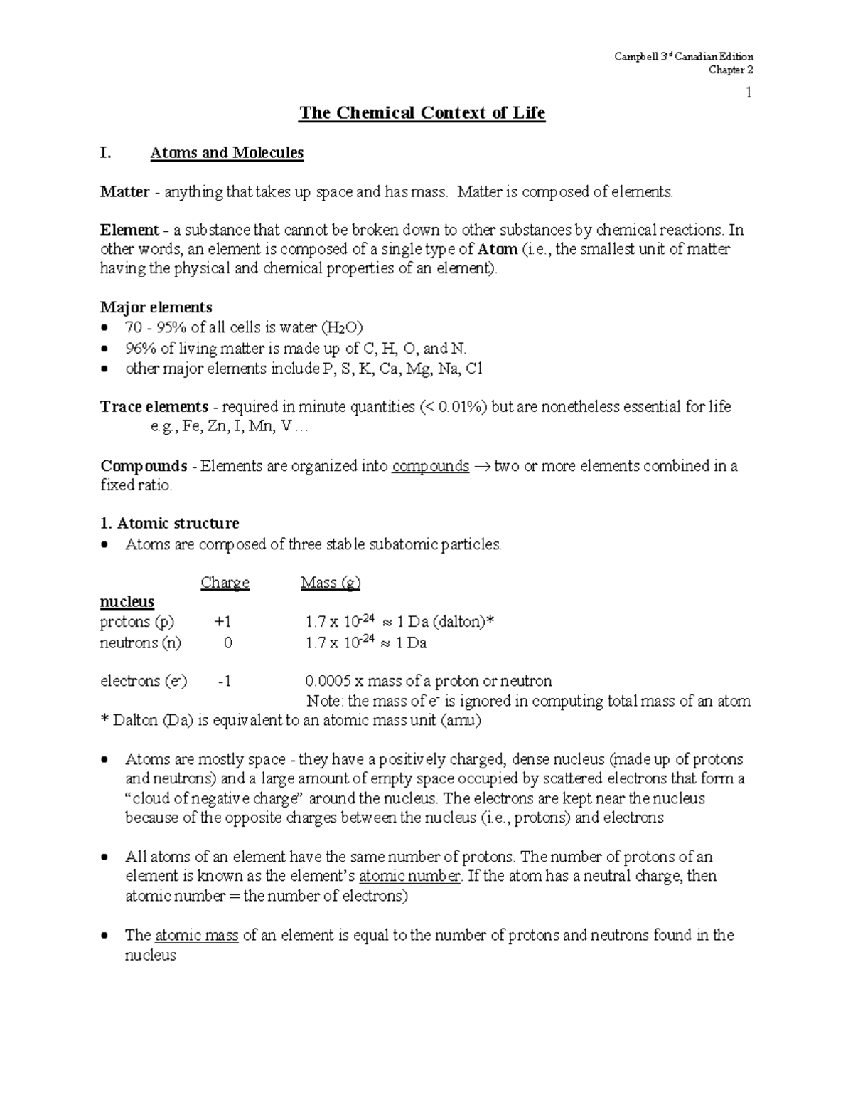 Chap 2 - Chemistry - Chapter 2 notes - Chapter 2 1 The Chemical Context ...
