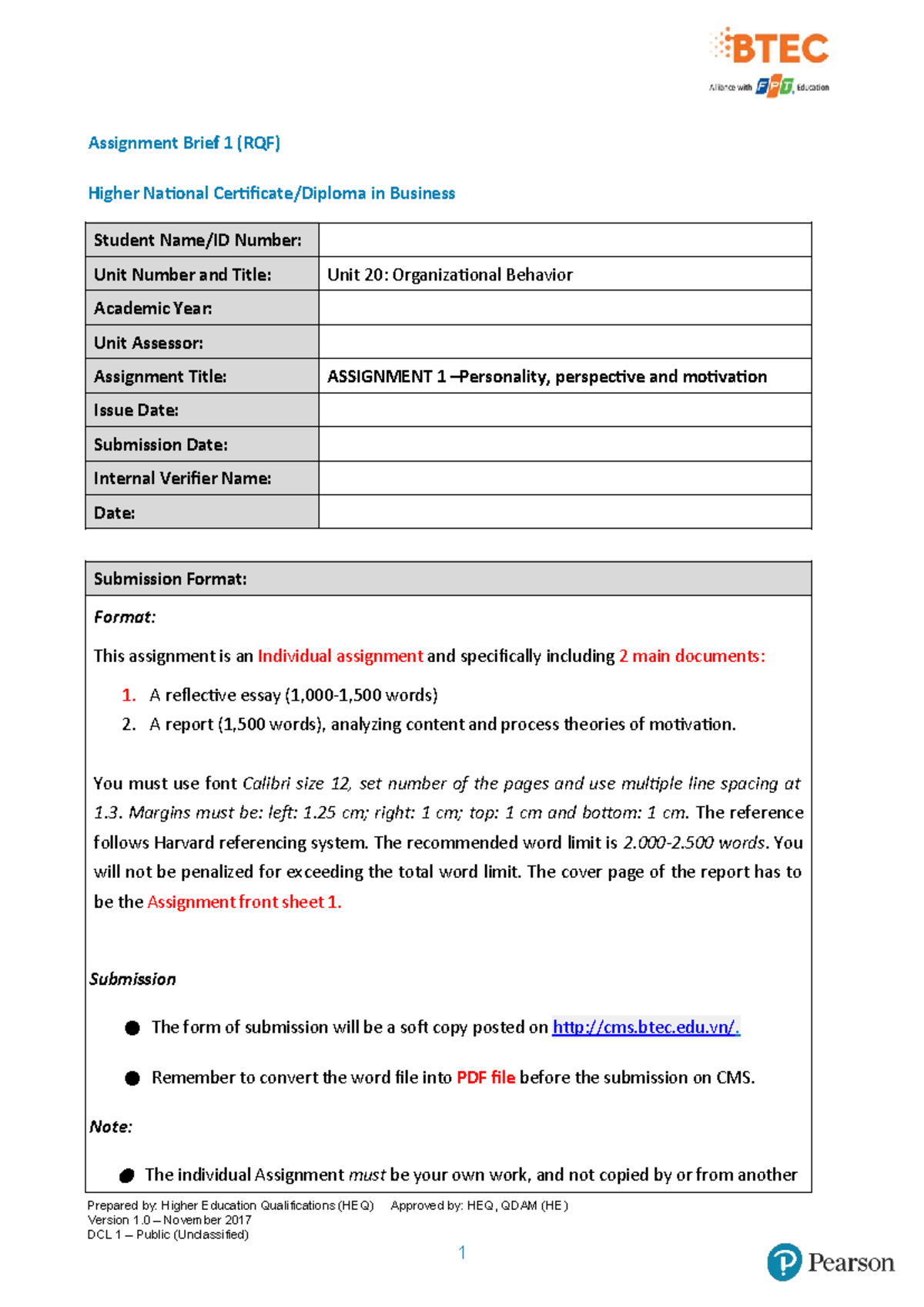Assignment 1 brief-5064 - Assignment Brief 1 (RQF) Higher National Certificate/Diploma in ...
