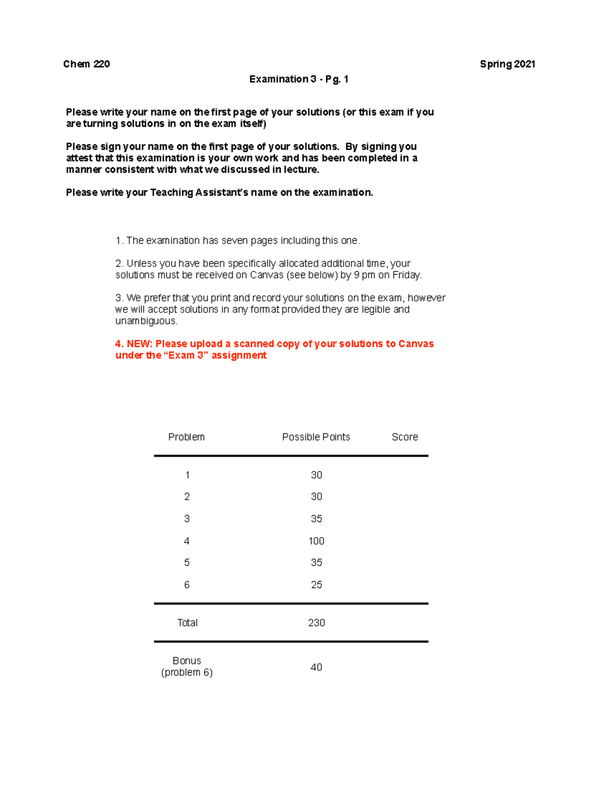 Examination 3 - exam 3 hard copy - Examination 3 - Pg. 1 Please write ...