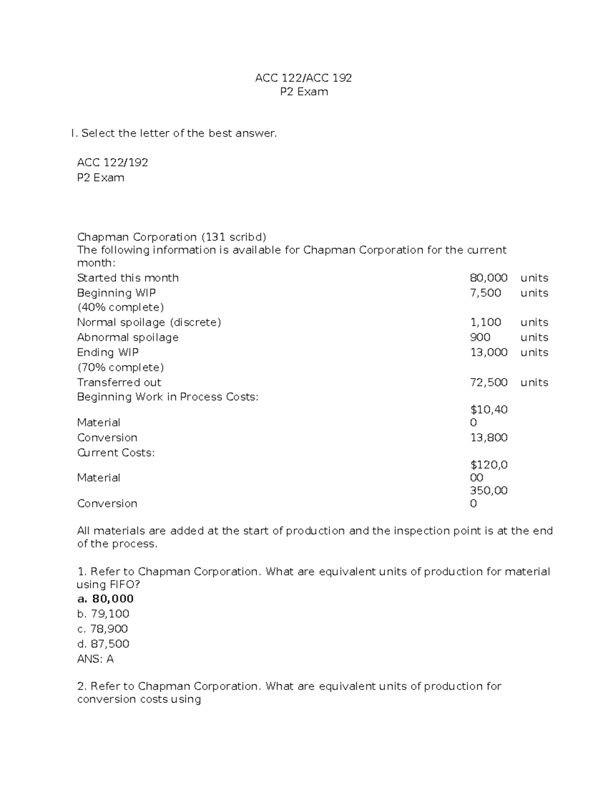 ACC 122 P2 Exam with answers - ACC 122/ACC 192 P2 Exam I. Select the ...