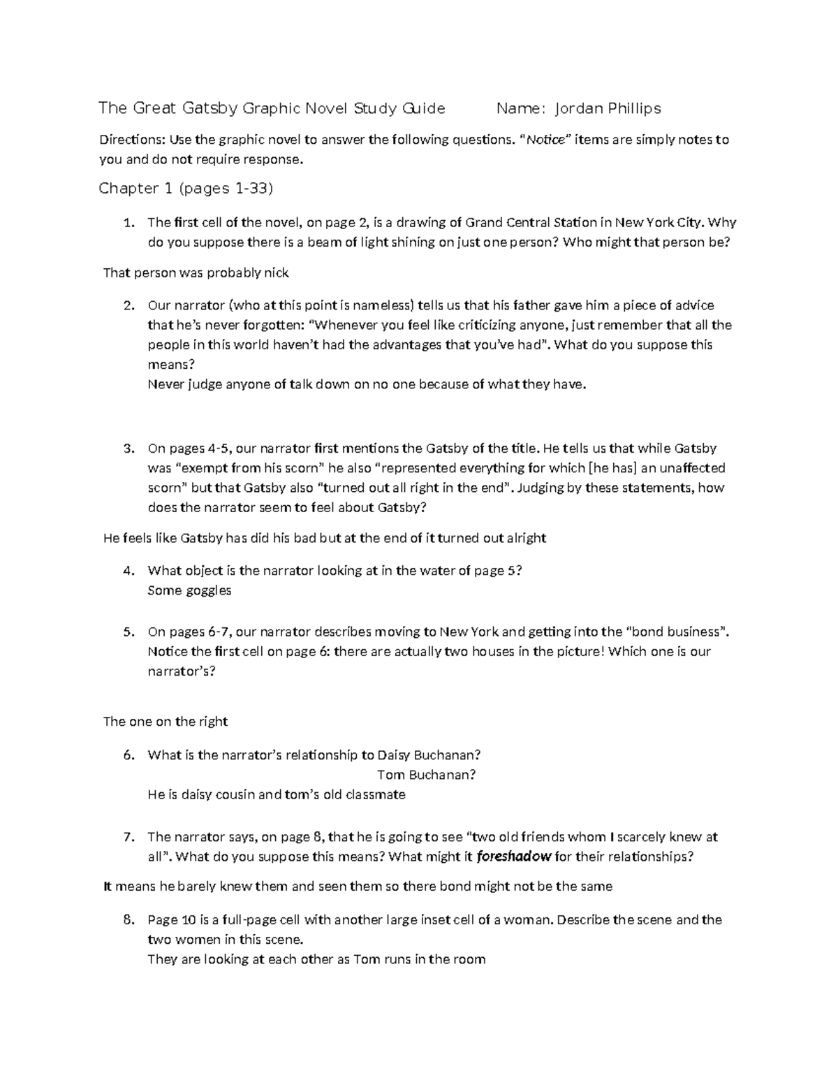 Ch - ghfgh - The Great Gatsby Graphic Novel Study Guide Name: Jordan ...