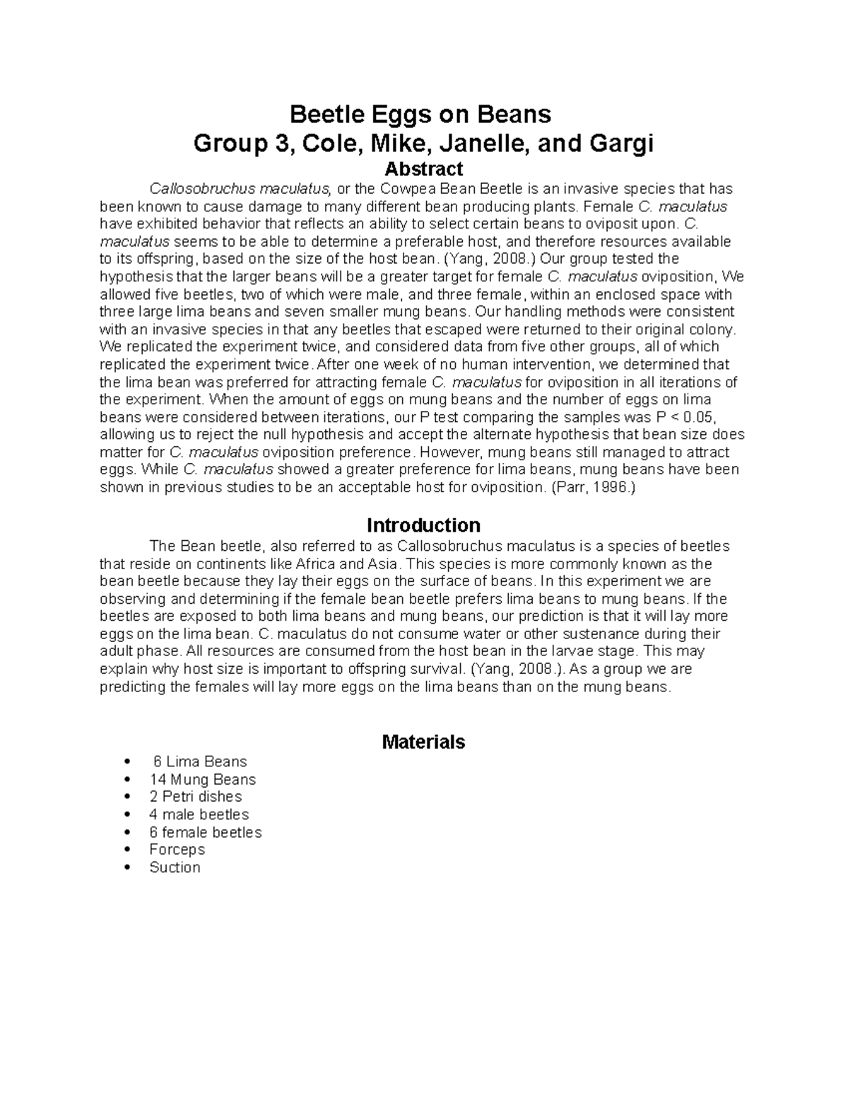 Bean Beetle Lab - assignment - Beetle Eggs on Beans Group 3, Cole, Mike ...