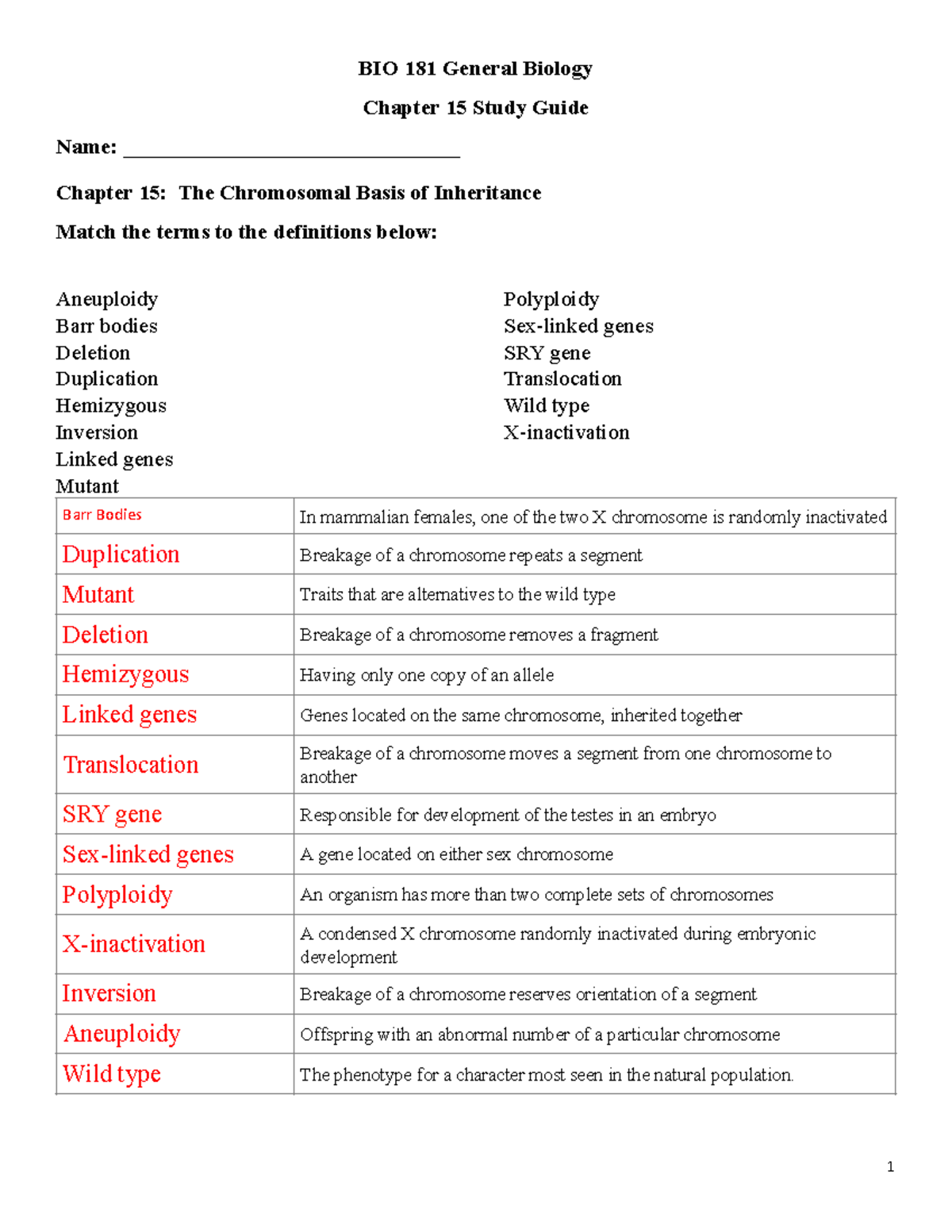 Chapter 15 Study Guide F23 - BIO 181 General Biology Chapter 15 Study ...