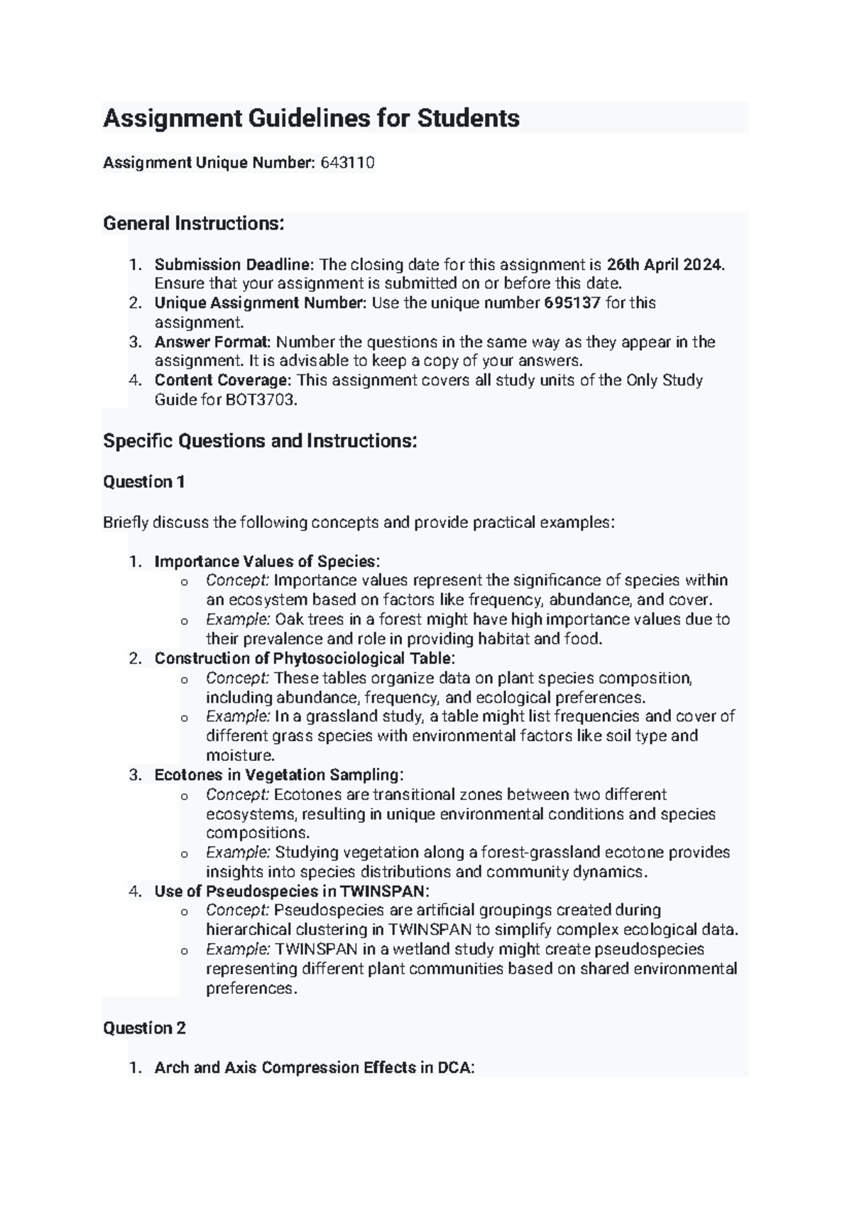 BOT3703 ASSIGNMENT INSTRUCTIONS - Assignment Guidelines for Students Assignment Unique Number ...